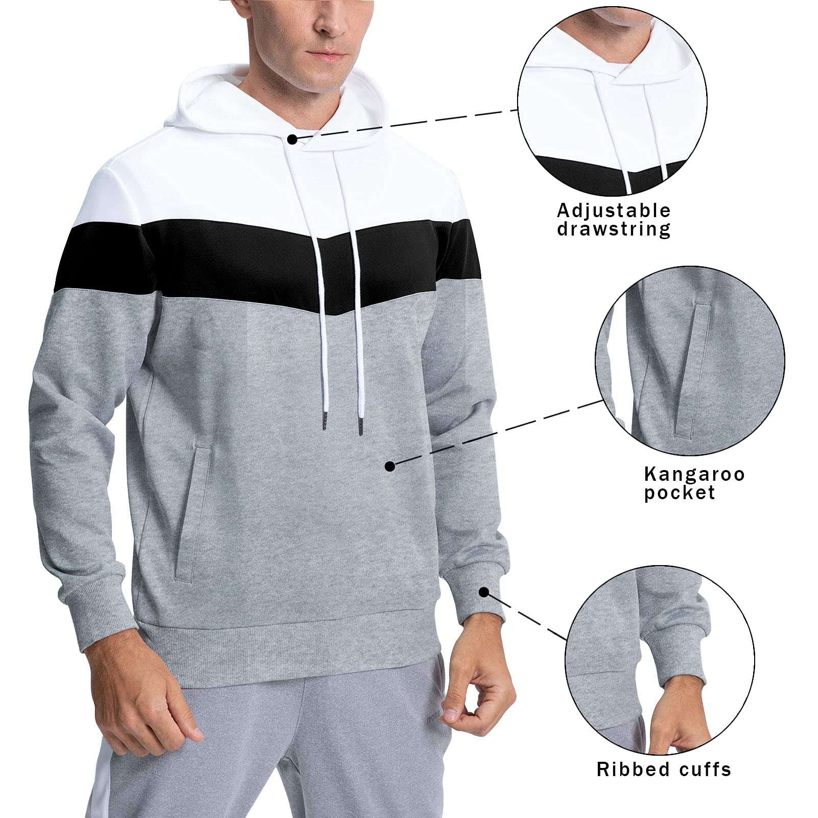 KouKou Mens Hoodies - Sweatshirt With Pocket Color Block Blend Fleece Drawstring Casual Athletic Hoodies For Men(Grey-2XL)
