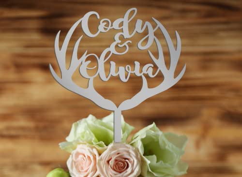 Personalized Antler Wedding Cake Topper, Script Name Wedding Cake Topper, Rustic Wedding Cake Topper, Country Wedding Cake Topper, Boho wedding topper, Personalized Baby topper,