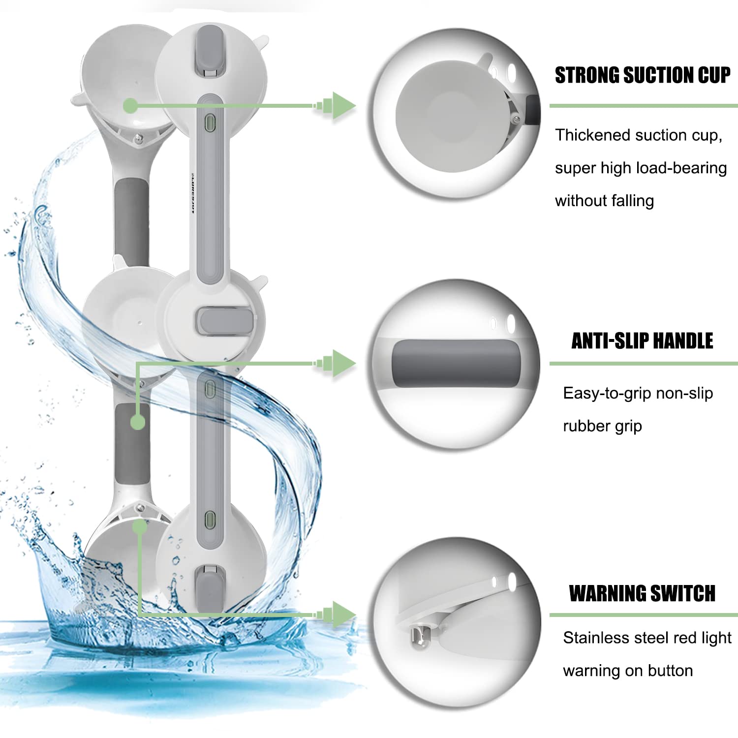 LORESJOY Shower Handle 19 inch Grab Bars for Bathtubs and Showers, Support Handicap Elderly Suction Grab Bars Balance Assist, Bath Handles with Indicators, Grip Non Safety Hand Rail for Injury,Senior