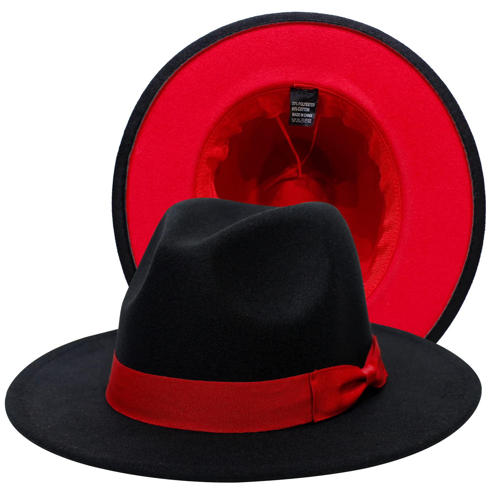 Kalerona Black Fedora Hats for Men with Red Band and Bottom Wide Brim Two Tone Hats