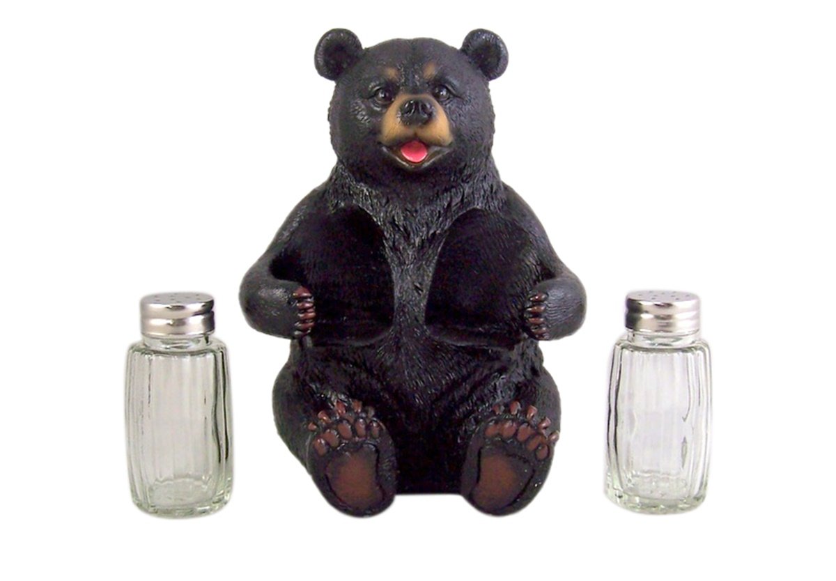 Liphontcta Season Beary Carefully Black Bear Salt and Pepper Shaker Holder 7 Inch (Shakers Included)