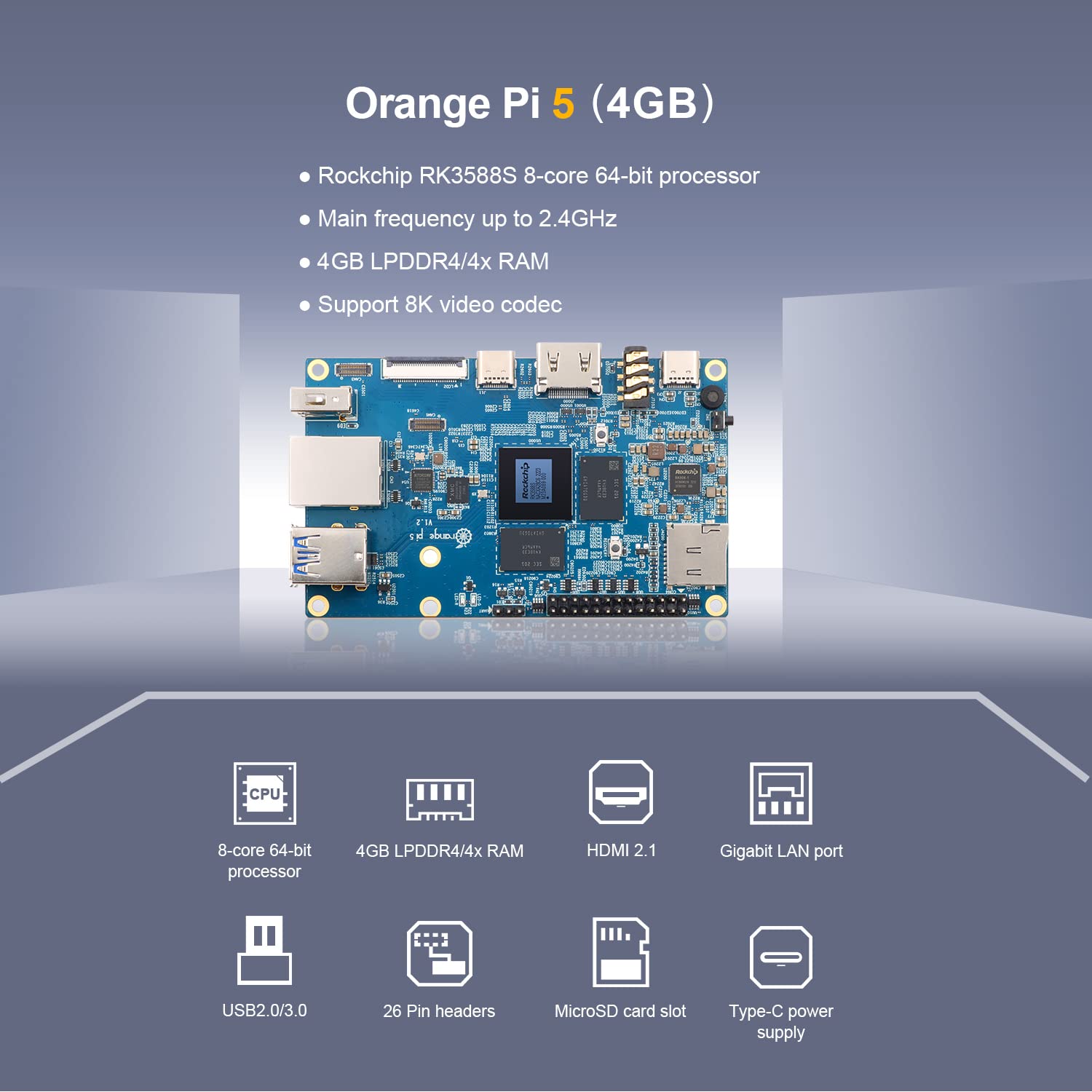 Orange Pi 5 4GB LPDDR4 Rockchip RK3588S Octa-core ARMR 64 Bit 8nm LP Process with QSPI Nor FLASH 16MB, 8K Video Codec Single Board Computer Run Orange Pi OS、Android12 、Debian12etc OS