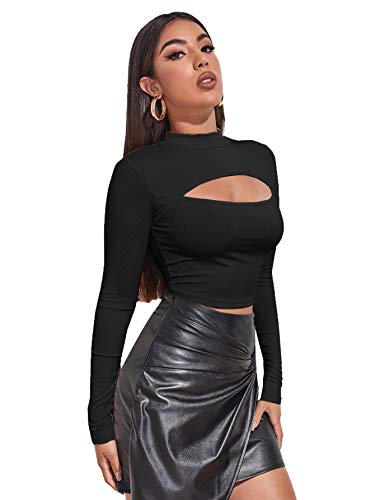 SheIn Women's Long Sleeve T Shirt Front Cut Out Basic Knit Mock Neck Crop Top Black Small