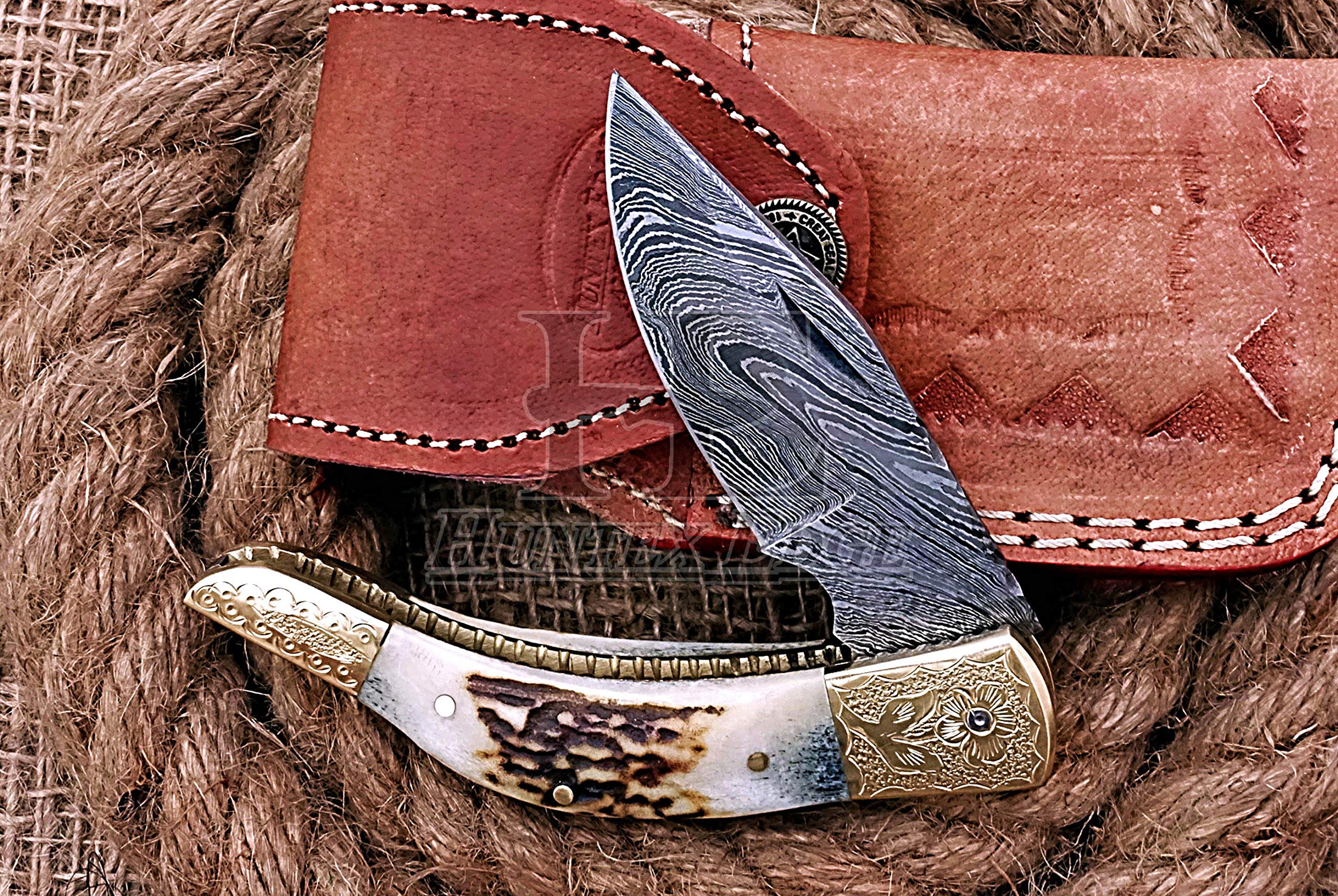 HUNTEX Custom Handmade Hand-Forged Twist Pattern Damascus Steel 3.7 Inch Long Natural Deer Antler Horn Handle Razor Sharp Hunting Camping Folding Pocket Knife with Genuine Leather Pouch