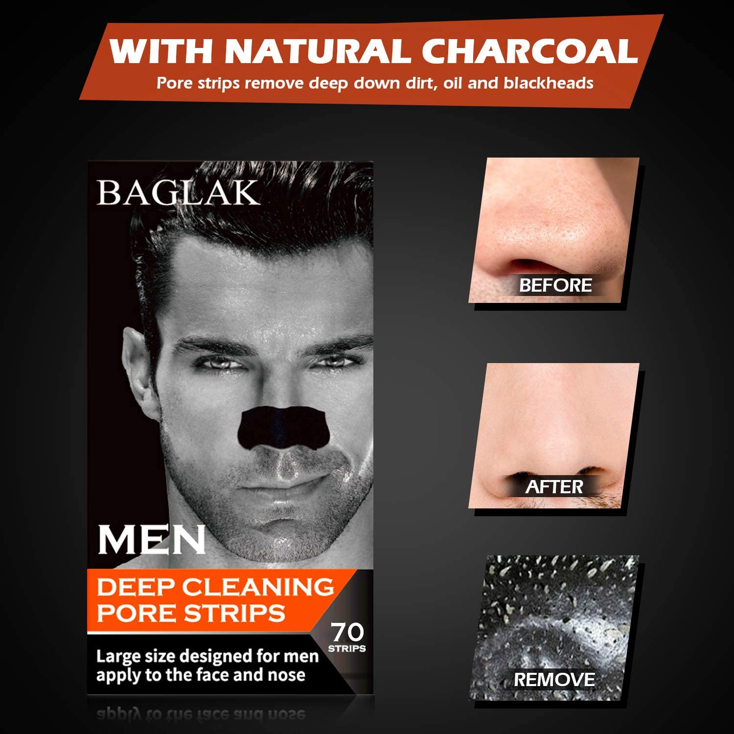 Men Blackhead Pore Strips - 70 Strips - Deep Cleansing - Face Nose Pores - Blackheads Removal - Large Size For Nose+Face