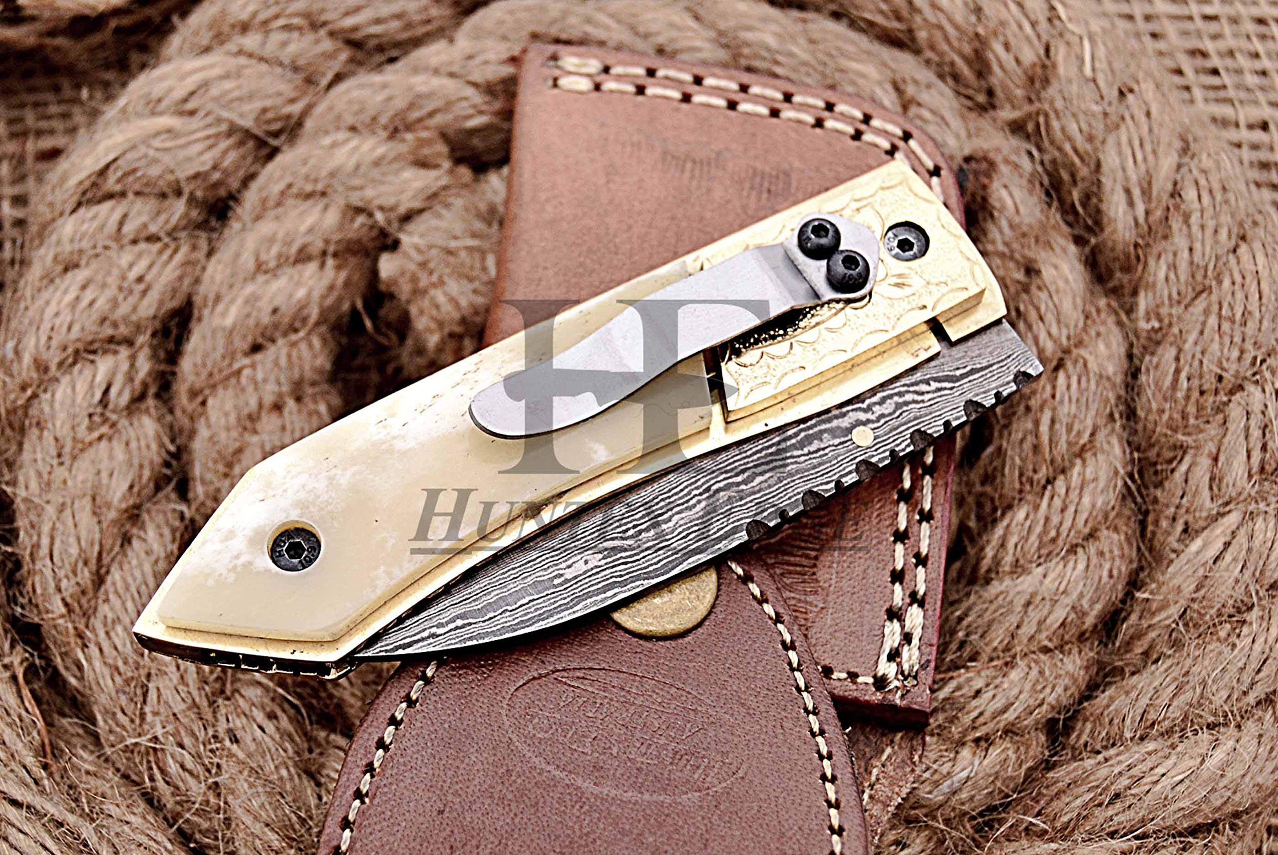 HUNTEX Custom Handmade Hand-Forged Twist Pattern Damascus Steel 4 Inch Long Natural Camel Bone Handle Razor Sharp Camp Hunting Folding Pocket Sheepsfoot Knife with Pocket Clip & Genuine Leather Pouch