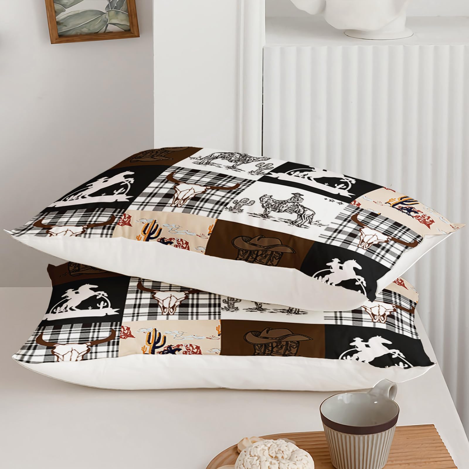 Ntlfup Western Cowboy Comforter Set Queen Size, Bull Skull and Horse Print Quilt Set with 2 Pillowcases, Bedroom Decor for Kids Boys Teens
