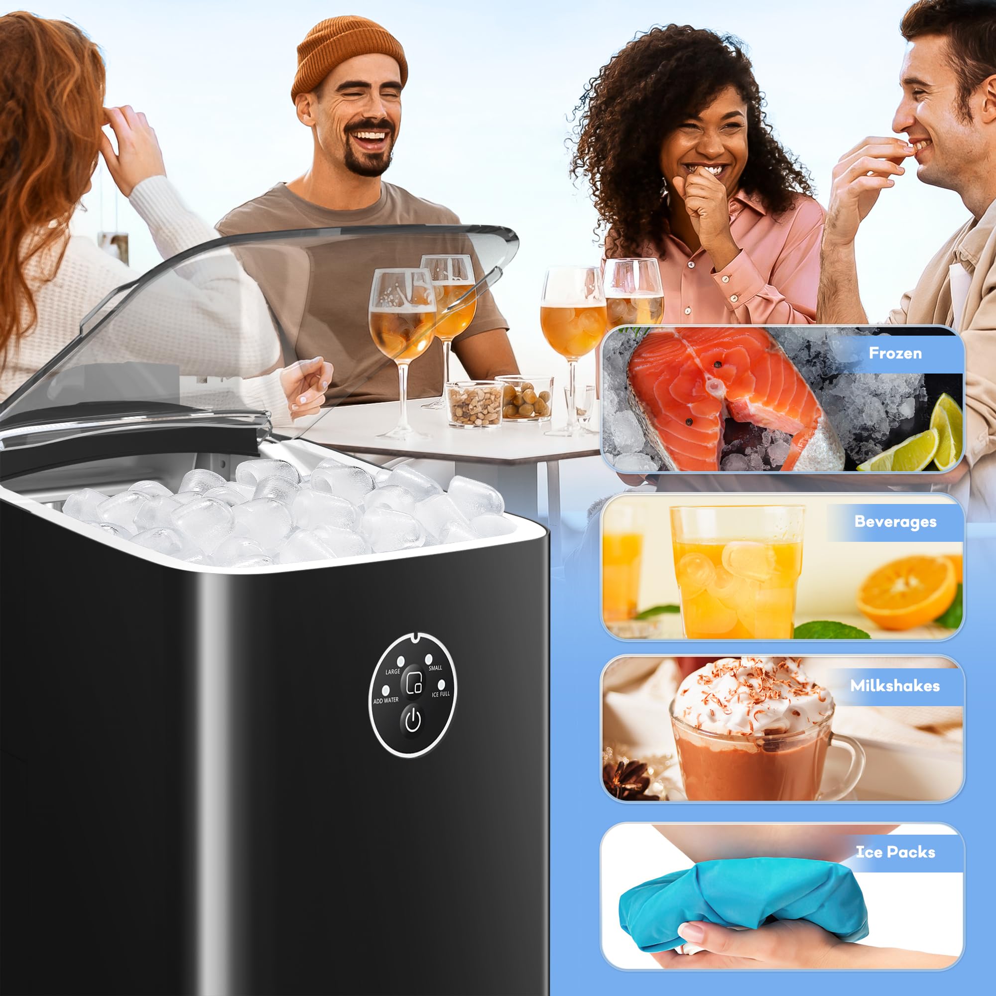 ZAFRO Countertop Ice Makers,Ice Maker Machine 8 Bullet Ice of 2 Sizes in 9 Mins, 26.5lbs/24H, Portable Ice Maker Self-Cleaning,with Scoop,Handle and Basket,Black