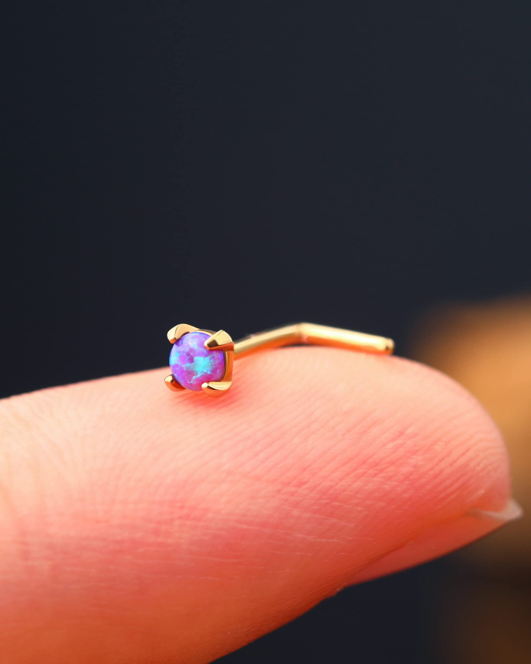 Jewseen 14K Solid Gold Opal Nose Studs 20G Nose Rings L-Shaped Studs Nostrial Piercing Jewelry Nose Bone Studs Nose Piercing Jewelry for Women and Men