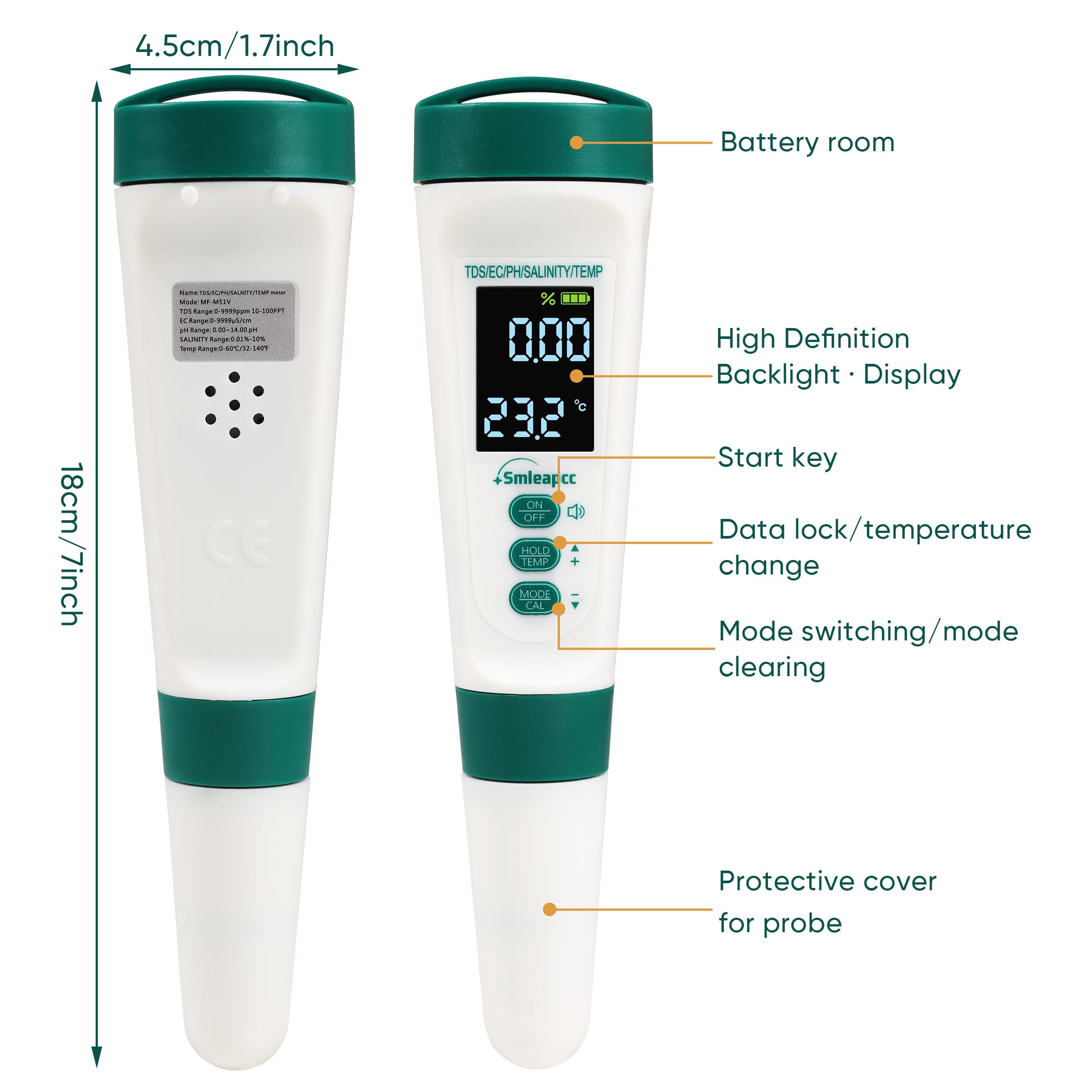 Smleapcc TDS Meter, 5 in 1 PH Meter,PH/TDS/EC/Salinity/Temp Meter for Water,High Accuracy Water Testing Kits for Drinking Water, Pools, Fish Tank, and Hydroponics,Rechargeable (White)