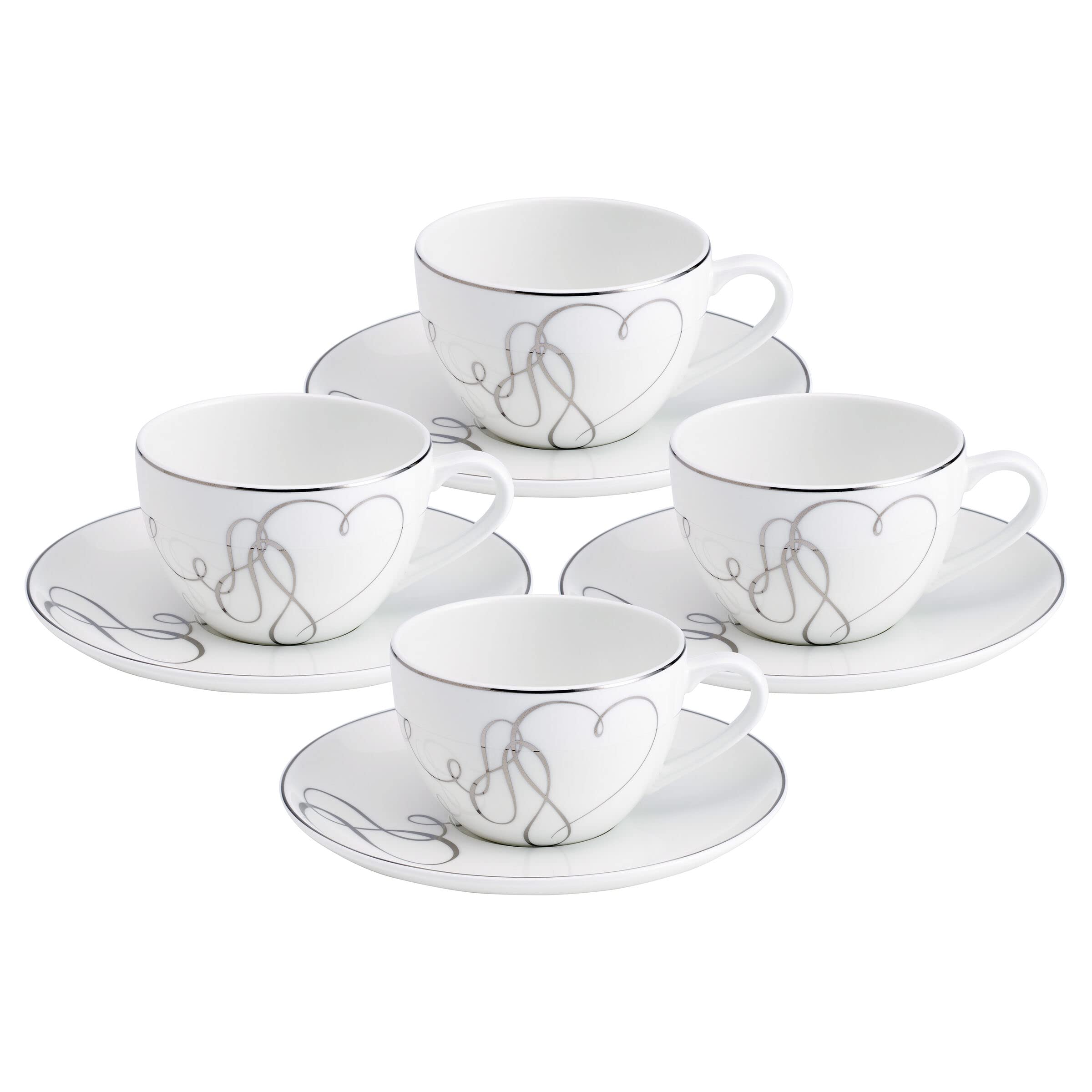 Mikasa Love Story Platinum Banded Teacup and Saucer Set, Set of 4, 9.6-Ounce, White