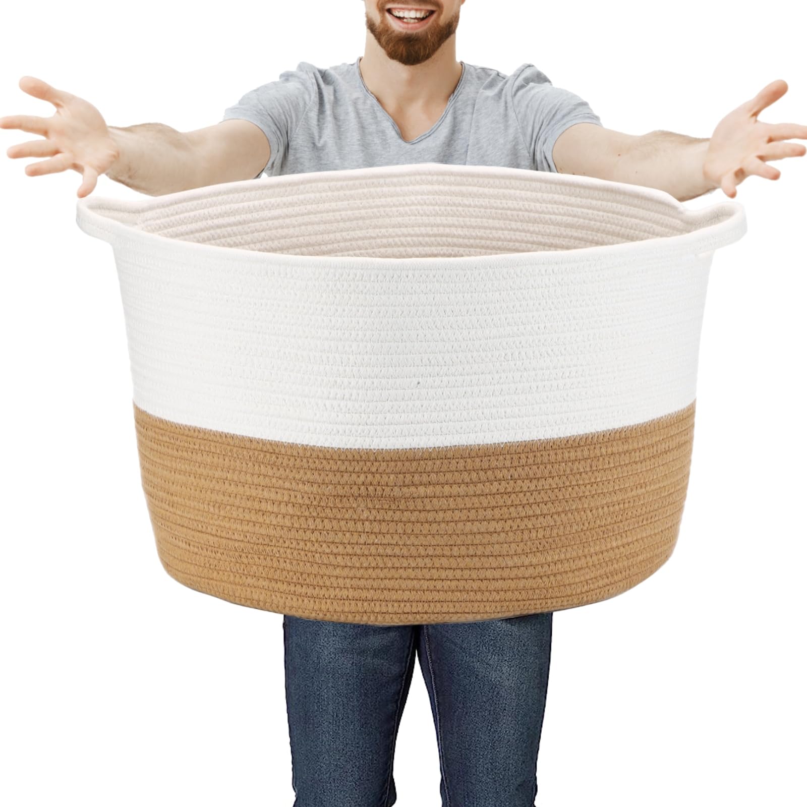 Jolma's Large Cotton Rope Storage Basket, 18'' x 11'' Round Laundry Nursery Woven Bin for Storing Blankets Clothes and Toys in Room, White & Brown