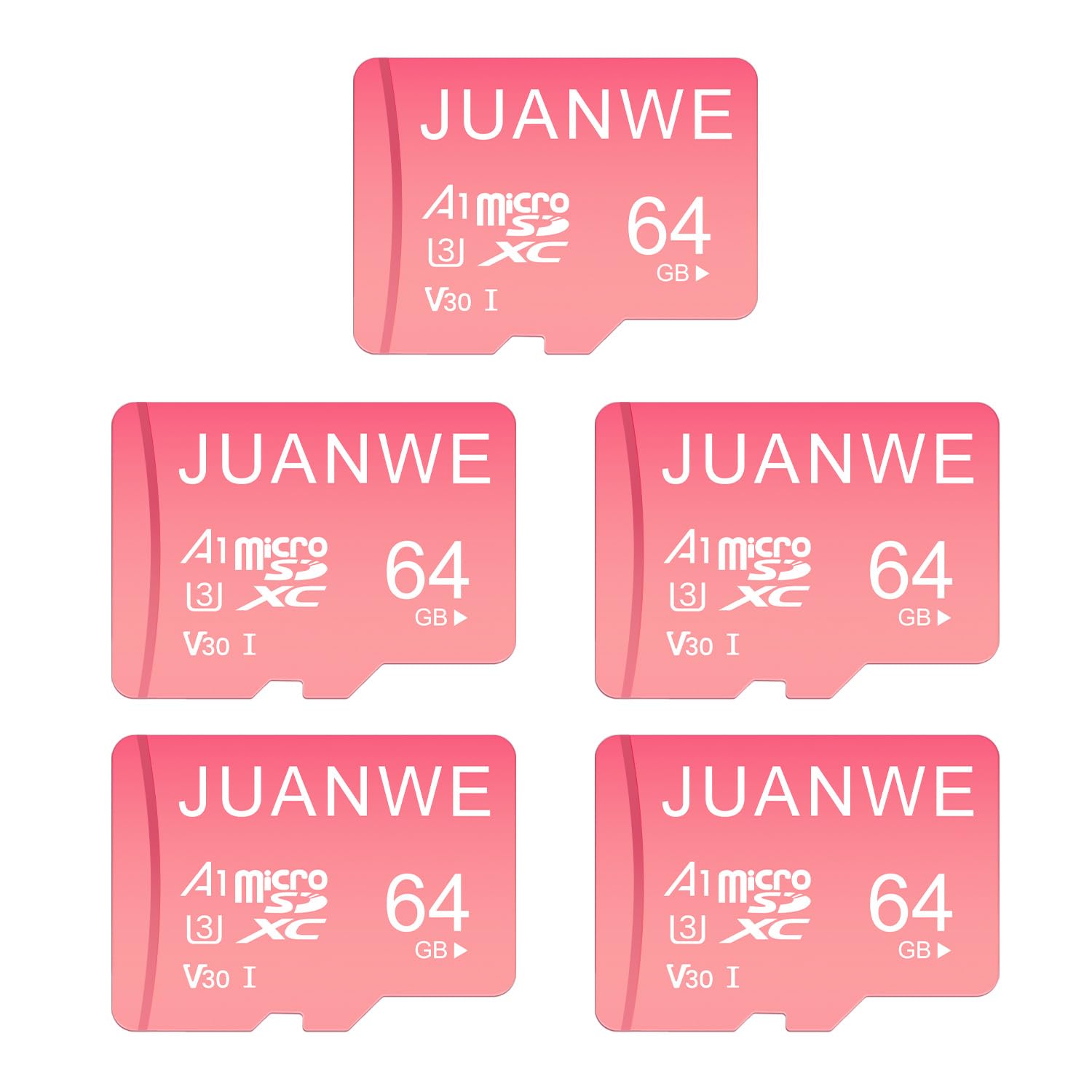 JUANWE 5 Pack 64GB Micro SD Card + Adapter 64 GB SD Card Memory Card MicroSDXC V30 4K Video Recording U3 A1 64GB TF Cards for Phone, Dash Cam, Security Camera (5 Pack, Pink)