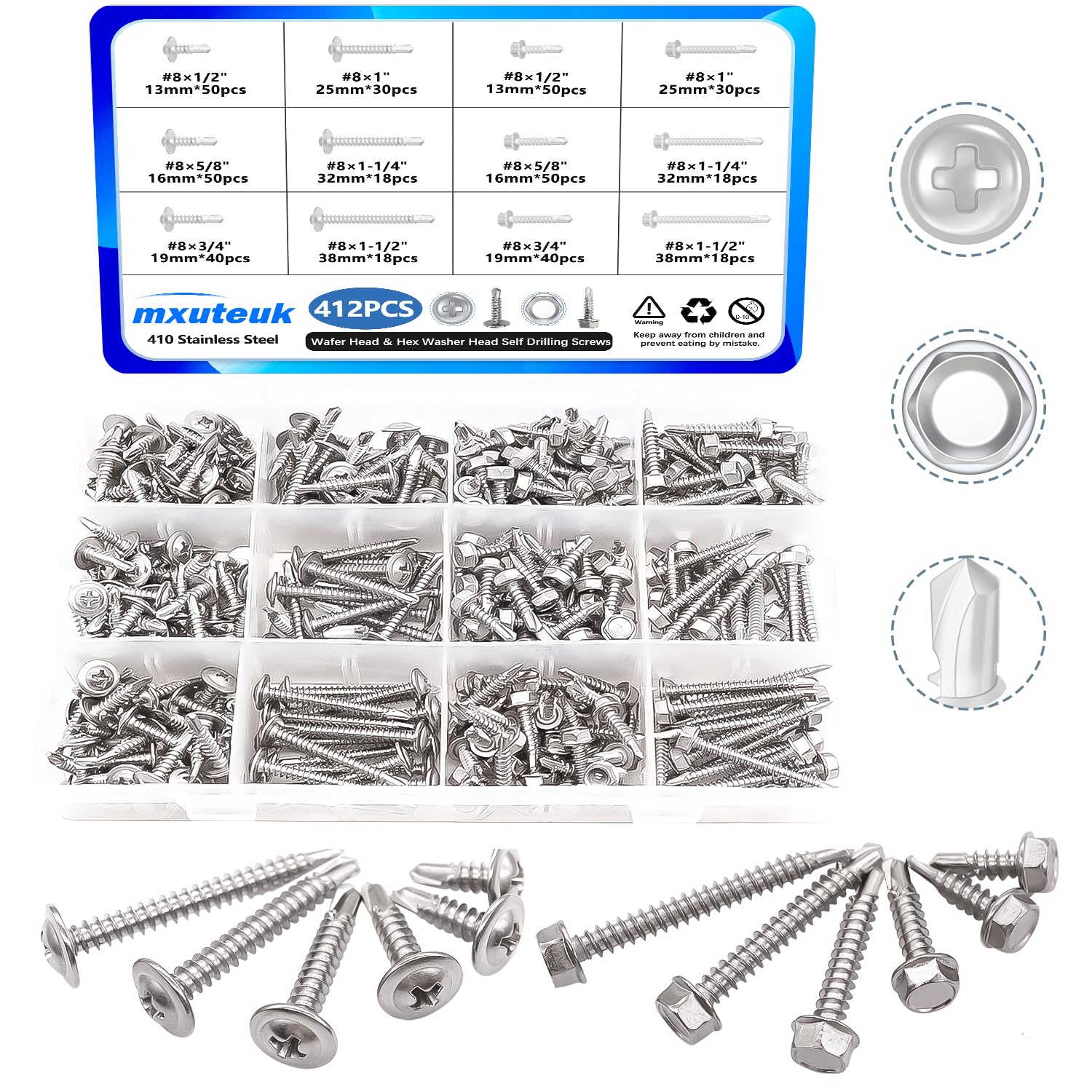 mxuteuk 412PCS #8 Self Tapping Screws for Metal 410 Stainless Hex Washer & Truss Head Steel Self Tapping Screws (Length 1/2" to 1-1/2") G022-ST