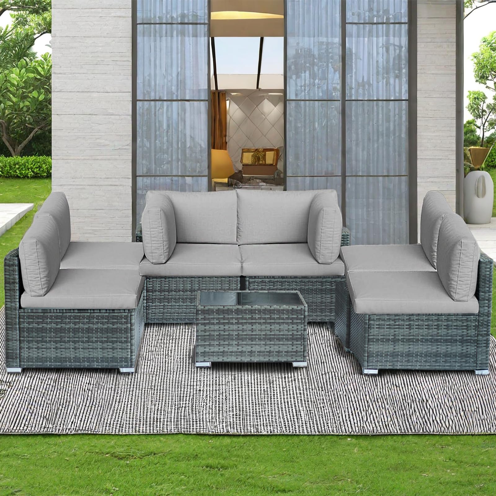 Outdoor 7 Piece PE Wicker Furniture Set, Patio Conversation Set Sectional Rattan Sofa Set with Four Seats, Two Corners and 1Tempered Glass Table (Gray-Gray, 7PS)