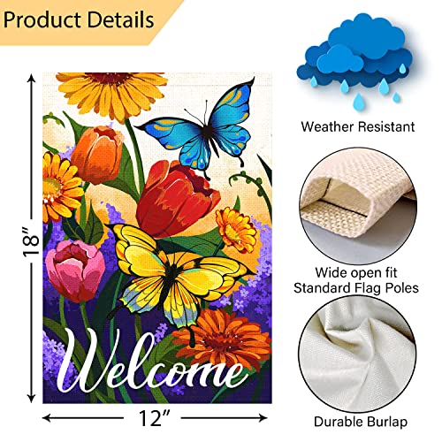 Louise Maelys Welcome Spring Floral Garden Flag 12x18 Double Sided, Burlap Small Vertical Spring Summer Butterfly Garden Yard Flags for Seasonal Outside Outdoor House Decoration (ONLY FLAG)