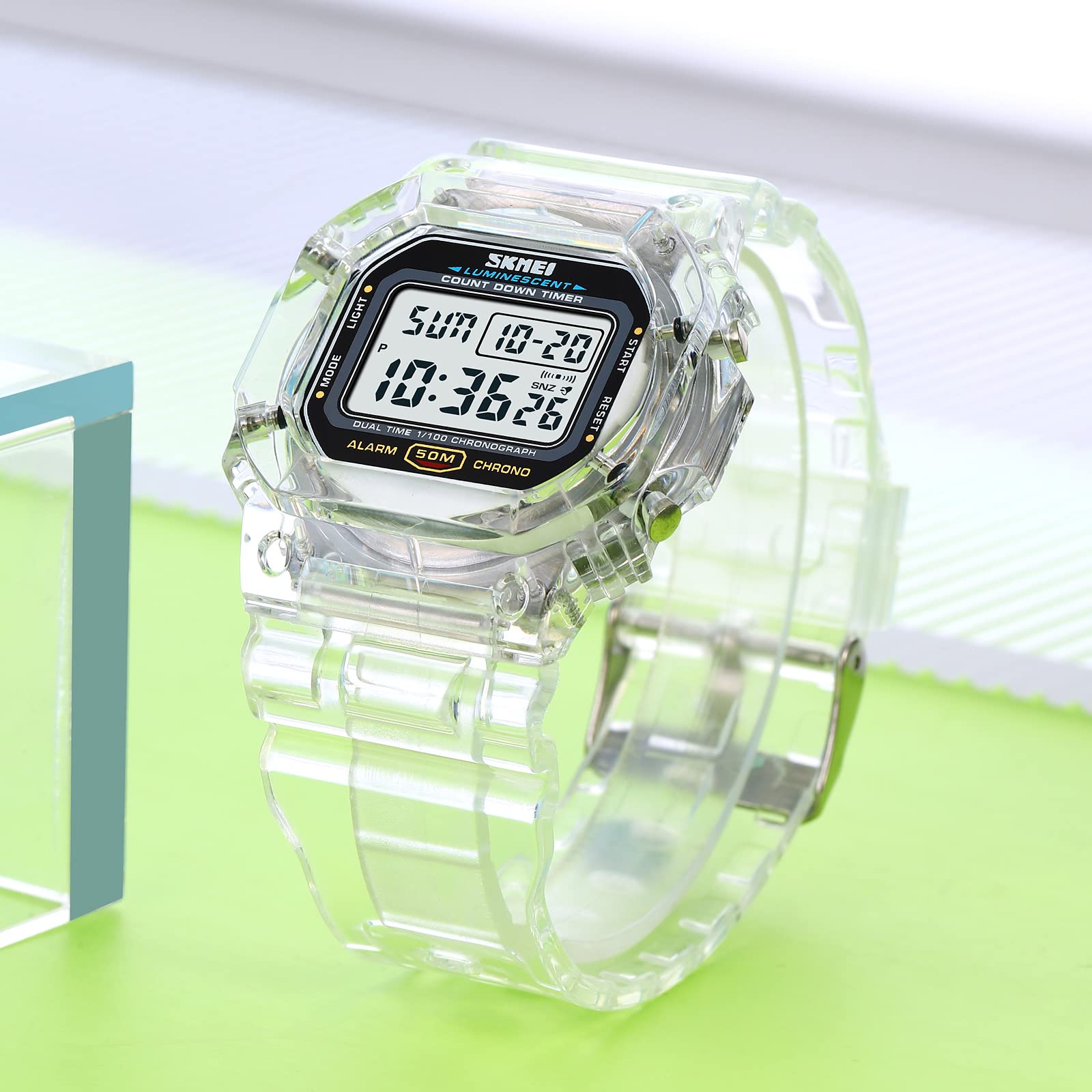 Gosasa Women's Men Youth Square Full Transparent Digital Watch Chronograph Countdown Dual Time Waterproof Watch