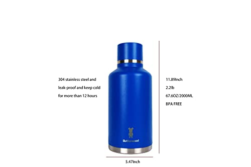 Large sport thermos water bottle with bag and Stainless Steel Lid,67.6OZ half gallon,Insulated water bottle,leak-proof,Metal Canteen ,Buttonwood 1pack (blue) 2000ML