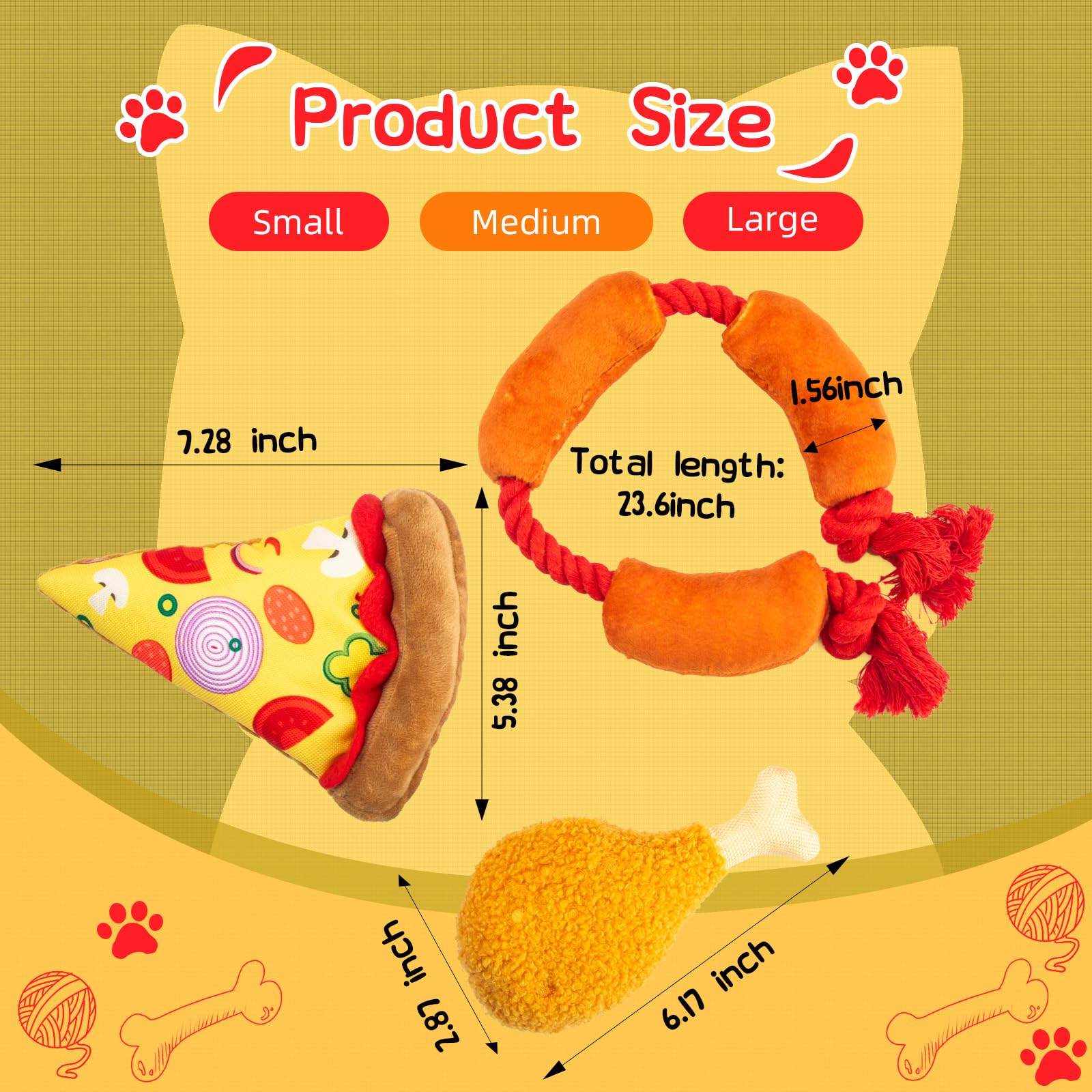 Squeaky Toys for Dogs – Fun Interactive Food-Themed Set,Pizza,Drumstick,and Sausage Rope,Durable Tug Toy and Chew Toy,Ideal for Small & Medium Dogs and Strong Chewer,Safer Non-Toxic Materials