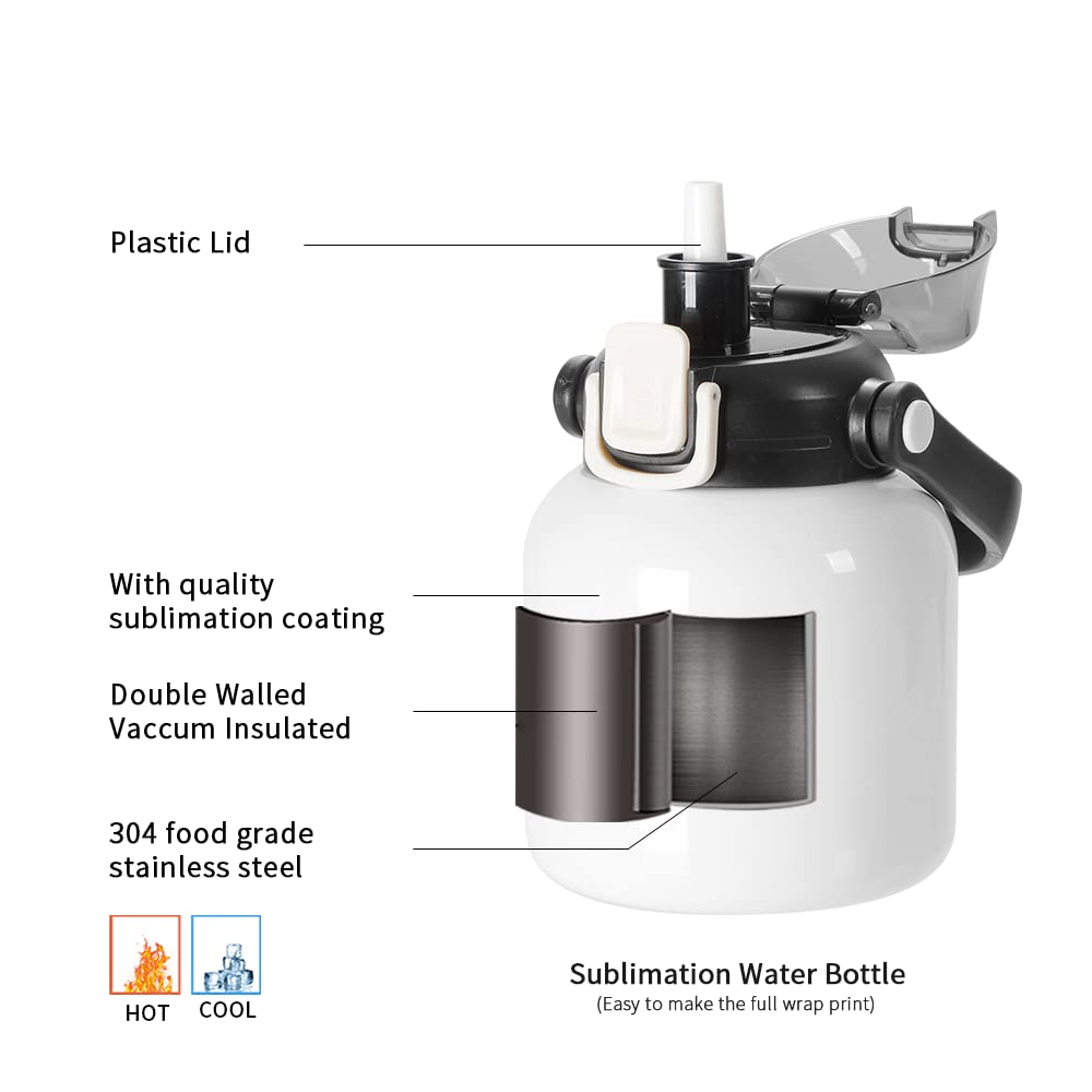 PYD Life Sublimation Water Bottles Blanks 27 OZ White with Portable Handle,Pop Lid and Straw Outdoors Stainless Steel Wide Mouth Water Jug for Sublimation Oven Print 2 Pack