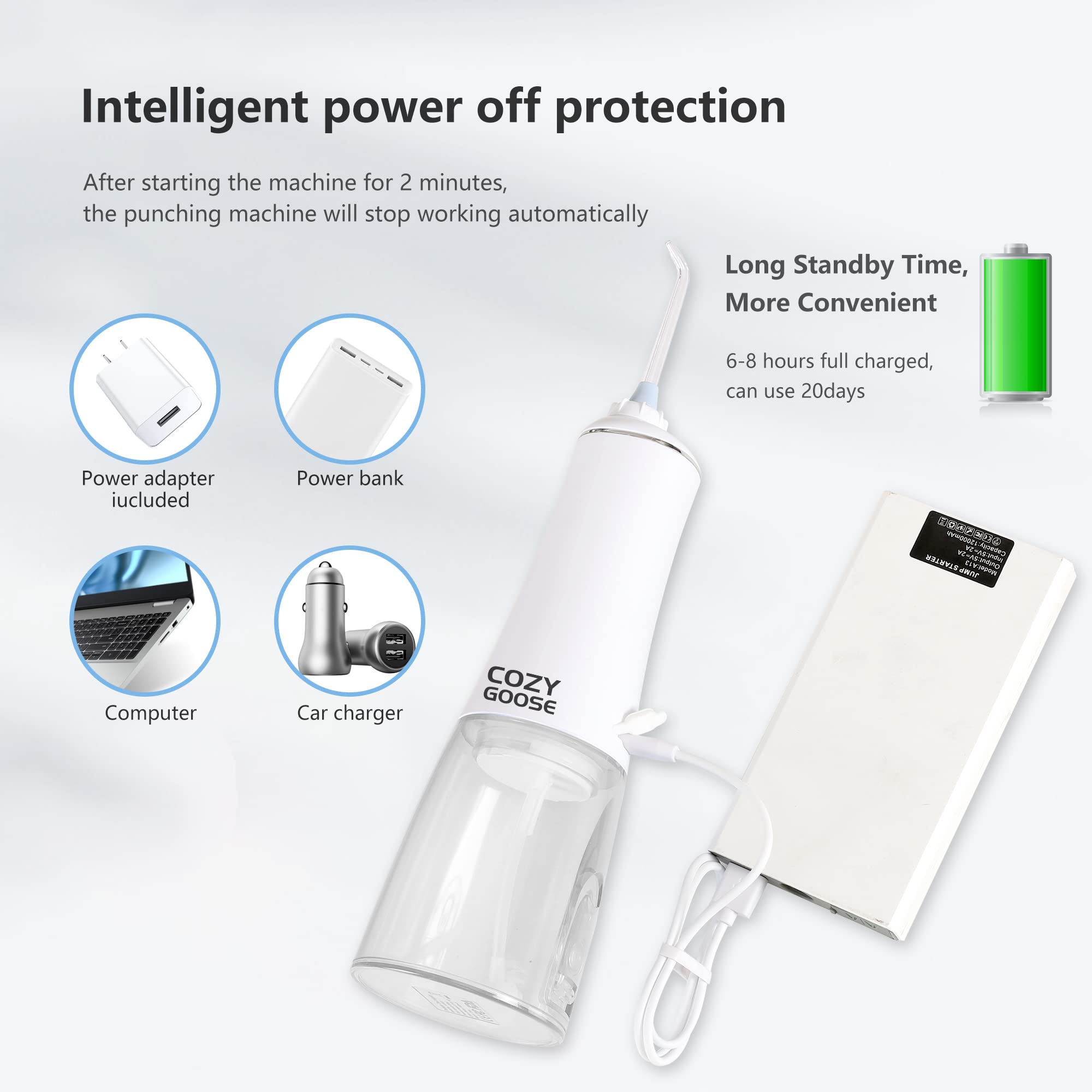 Portable Oral Irrigator ,Water Dental Flosser,Electric Flossers for Teeth,3 Cleaning Modes IPX7 Waterproof, 5Tips (Transparent)