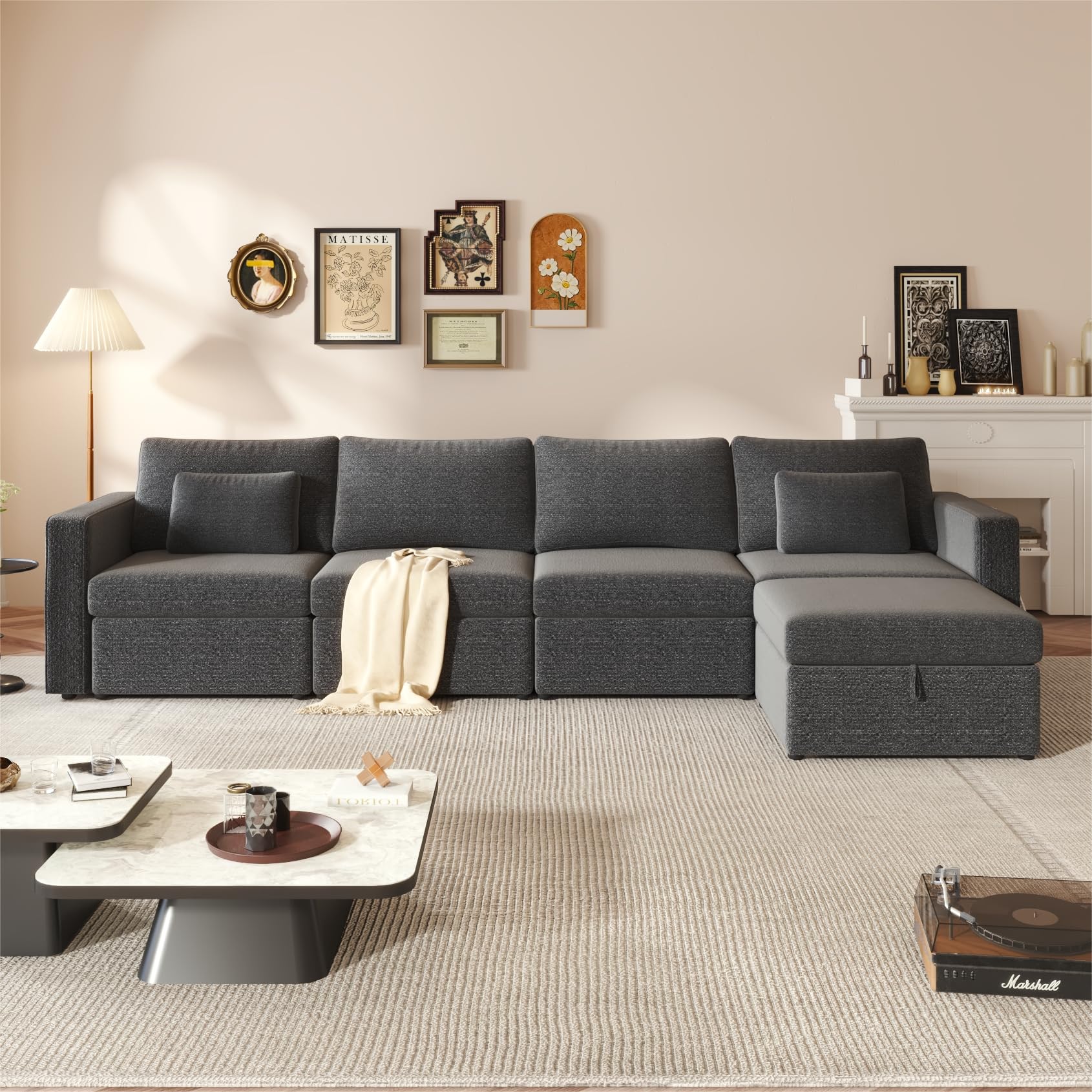 RENDGO Oversized Modular Sectional Sofa Convertible Linen Fabric Couch Set, L Shaped Couch with Reversible Chaise, 130 inch Width,5 Seat Modular Sofa with Storage Ottomans, Dark Grey