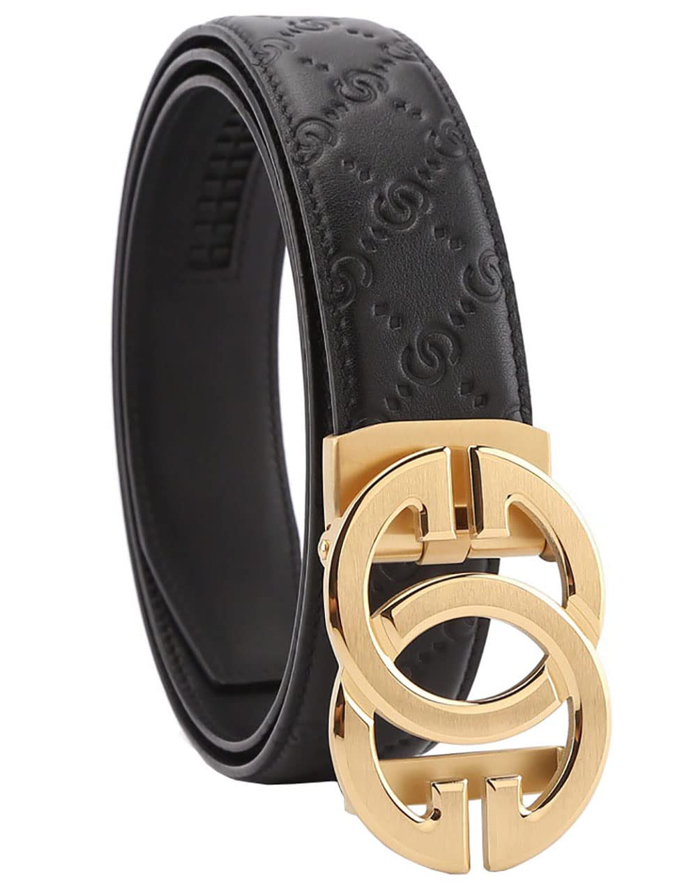 KLWINO Men's Personalized Embossed Leather Belt with Automatic Buckle Ratchet Dress Belt, Adjustable Length (Black Gold, Adjustable from 20" to 44" Waist)