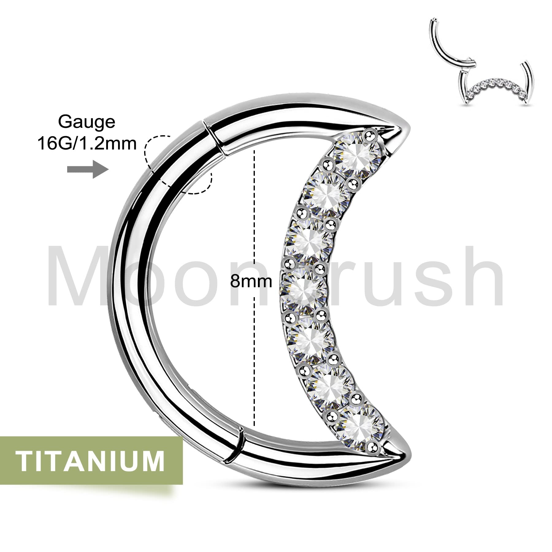 Mooncrush Jewelry G23 Solid Titanium Septum Rings 16G Moon Cilcker Cartilage Helix Earrings Hoop Higned Segment Silver Daith Earring Piercing Jewelry Surgical Steel