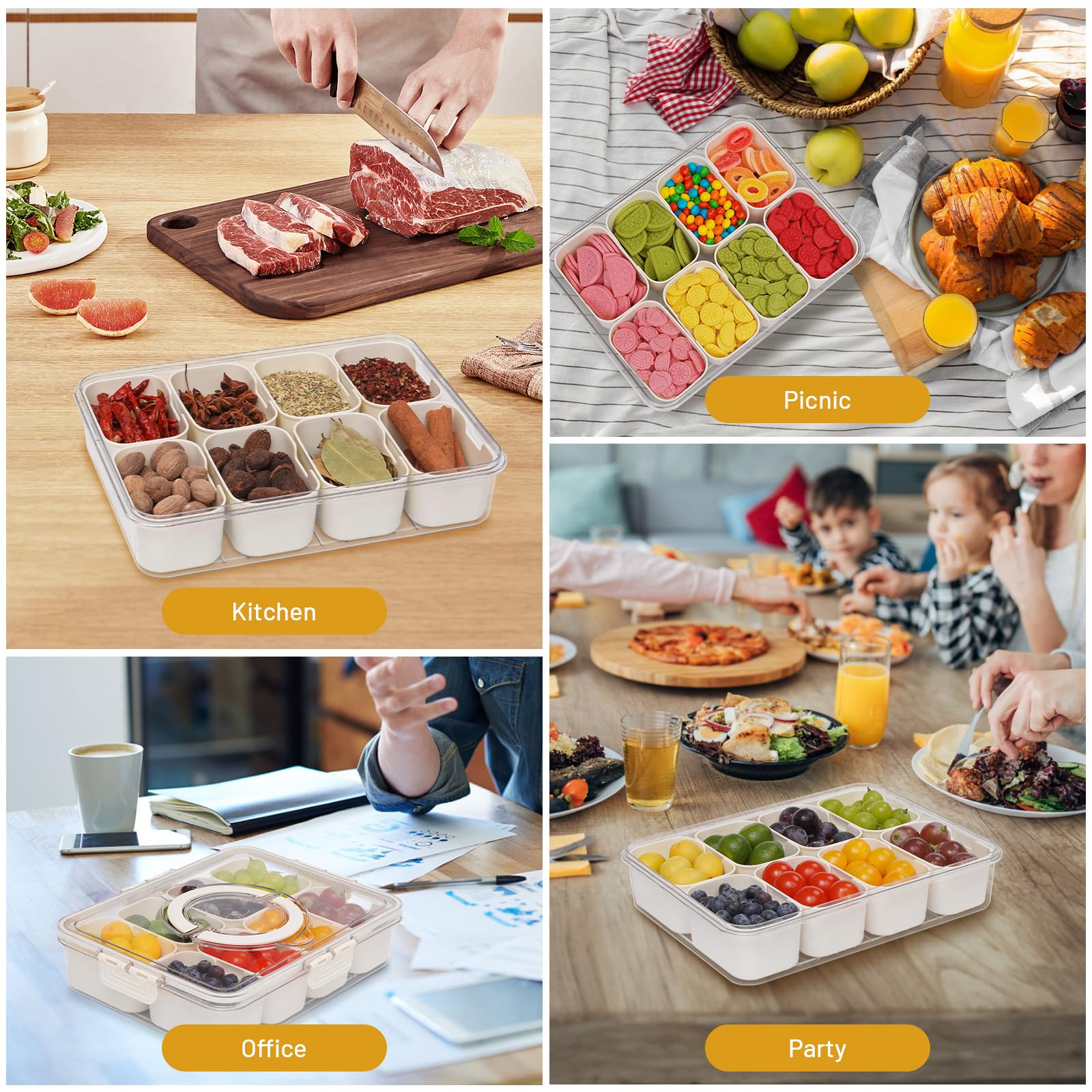 Snackle Box - Snackle Box Container for Travel,Divided Serving Tray with Lid and Handle,Portable Snackle Box Charcuterie Container,8 Compartment Snack Container ideal for Party, Travel,Picnics