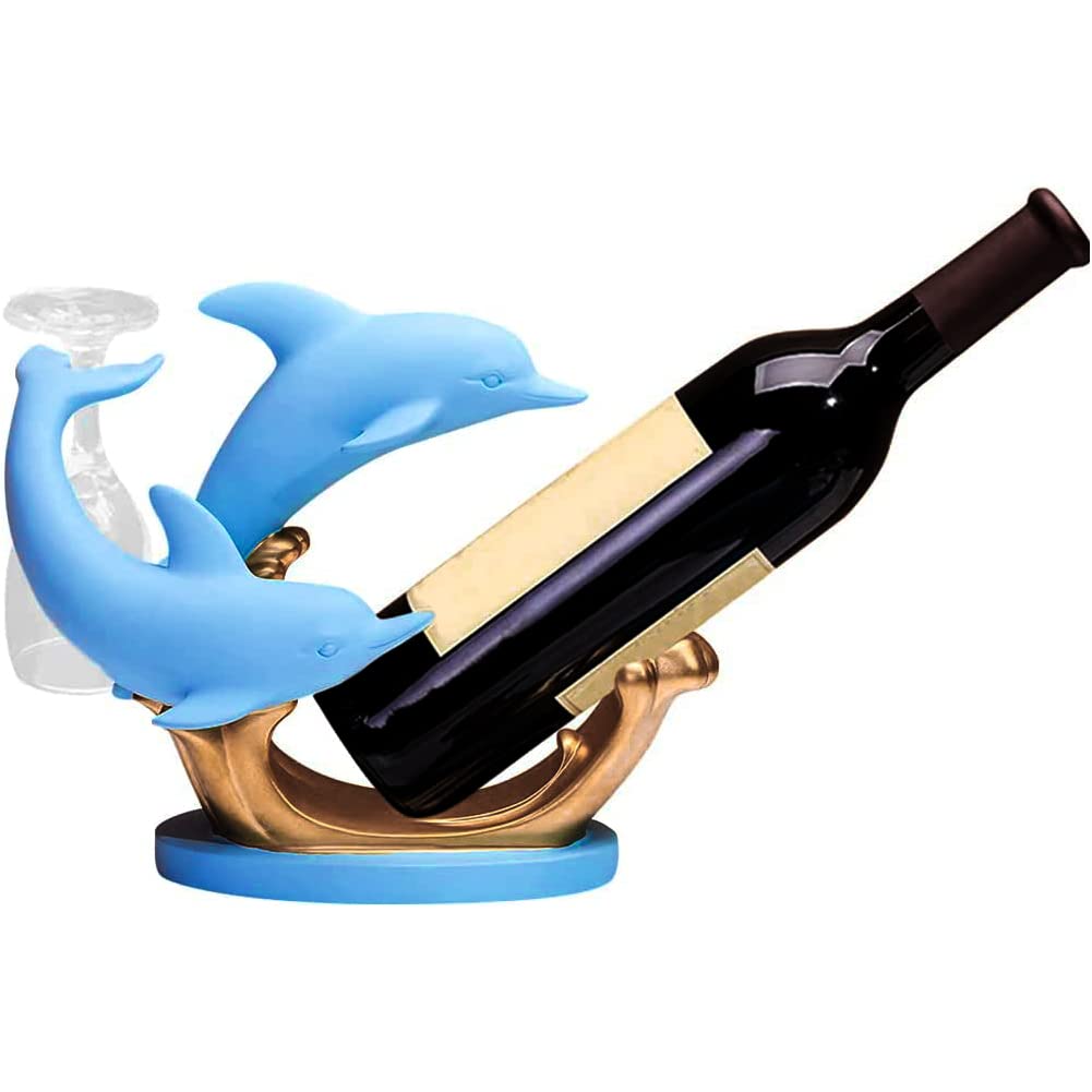 Kelendle Dolphin Wine Bottle Holder with Glass Storage Resin Tabletop Wine Storage Rack Decorative Wine Bottle Didplay Stand Shelf for Kitchen Bar Cabinets Decoration Blue