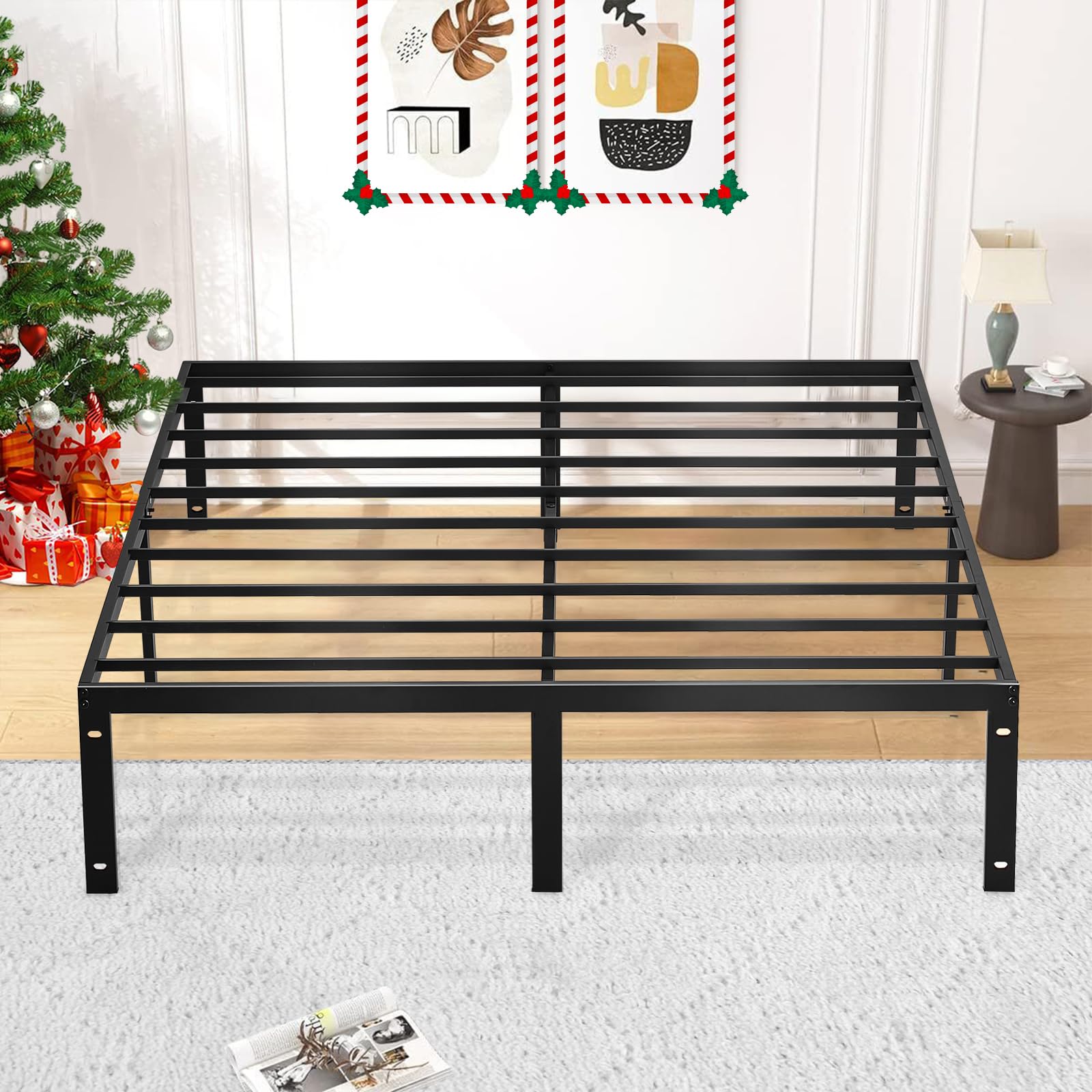 HFFTOO Metal Platform Bed with 9 Leg Base Queen Size Bed Frame with Ten Strong Metal Slats Support Black 79x59x14 Inch Black