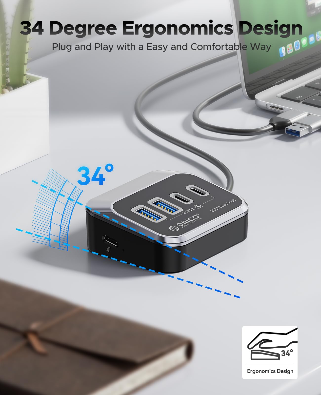 ORICO USB Hub 10Gbps with 2 USB A Ports+2 USB C Ports, USB 3.2 Gen 2 Hub with 1.64Ft USB-C Cable and USB-A Adapter USB Splitter for iMac, All MacBooks, Mac Mini