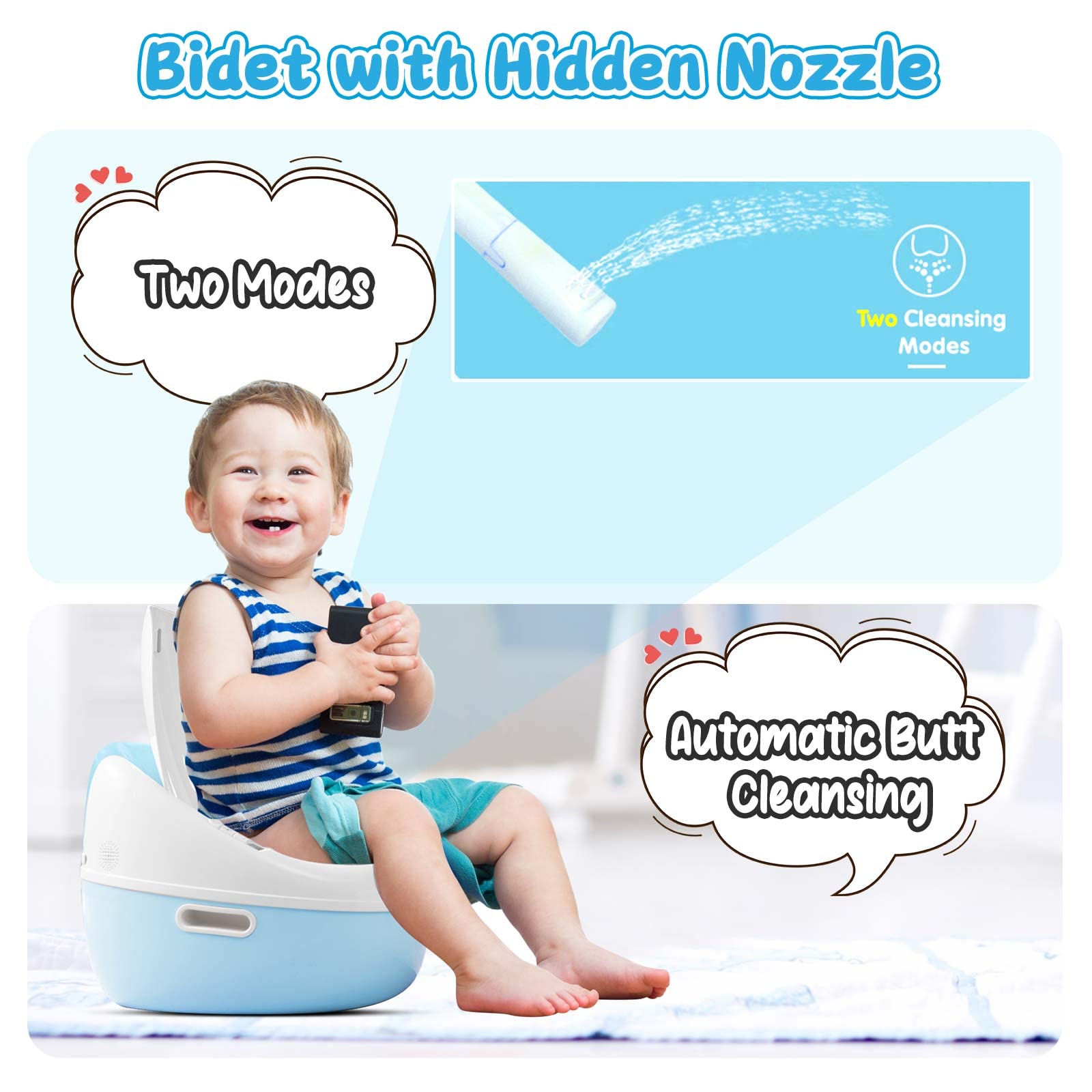 Portable Potty Training Toilet with Bidet, 2 Modes Automatic Butt Cleansing, Rechargeable Battery, Smart Sensor, Kids Voice Prompt, Removable Potty Bucket, Ideal Toddler Potty with Music and LED Light
