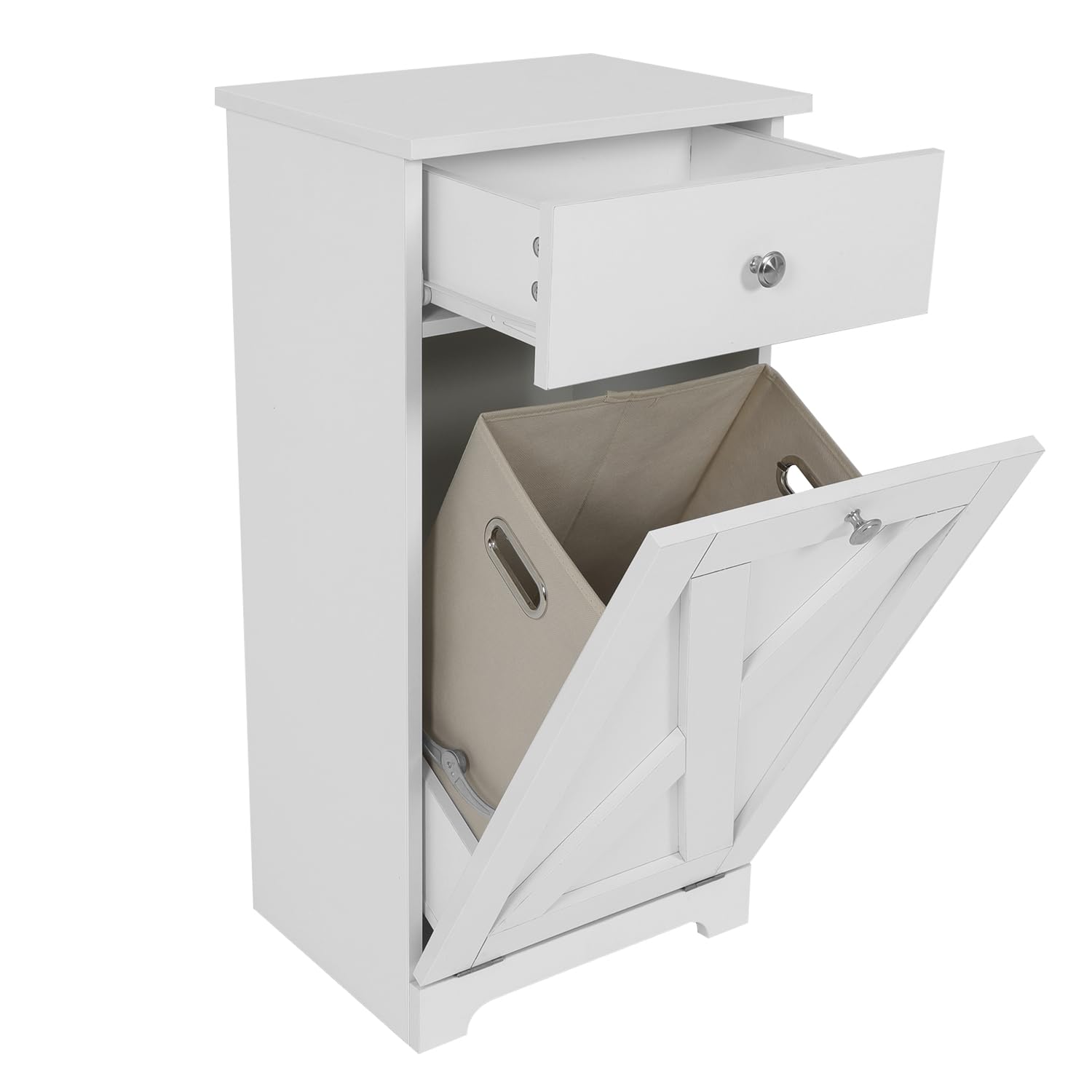Puluomis Tilt Out Laundry Hamper Cabinet-Free Standing Kitchen Bathroom Laundry Cabinet-Wooden Bathroom Storage Cabinet with Drawer-White