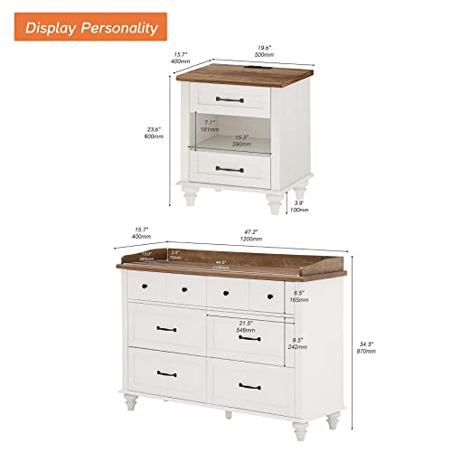 WAMPAT 3 Piece Dresser and Nightstand Sets for Bedroom,Mid-Century Modern Dresser with 6 Drawers,2 End Table with Charging Station, White