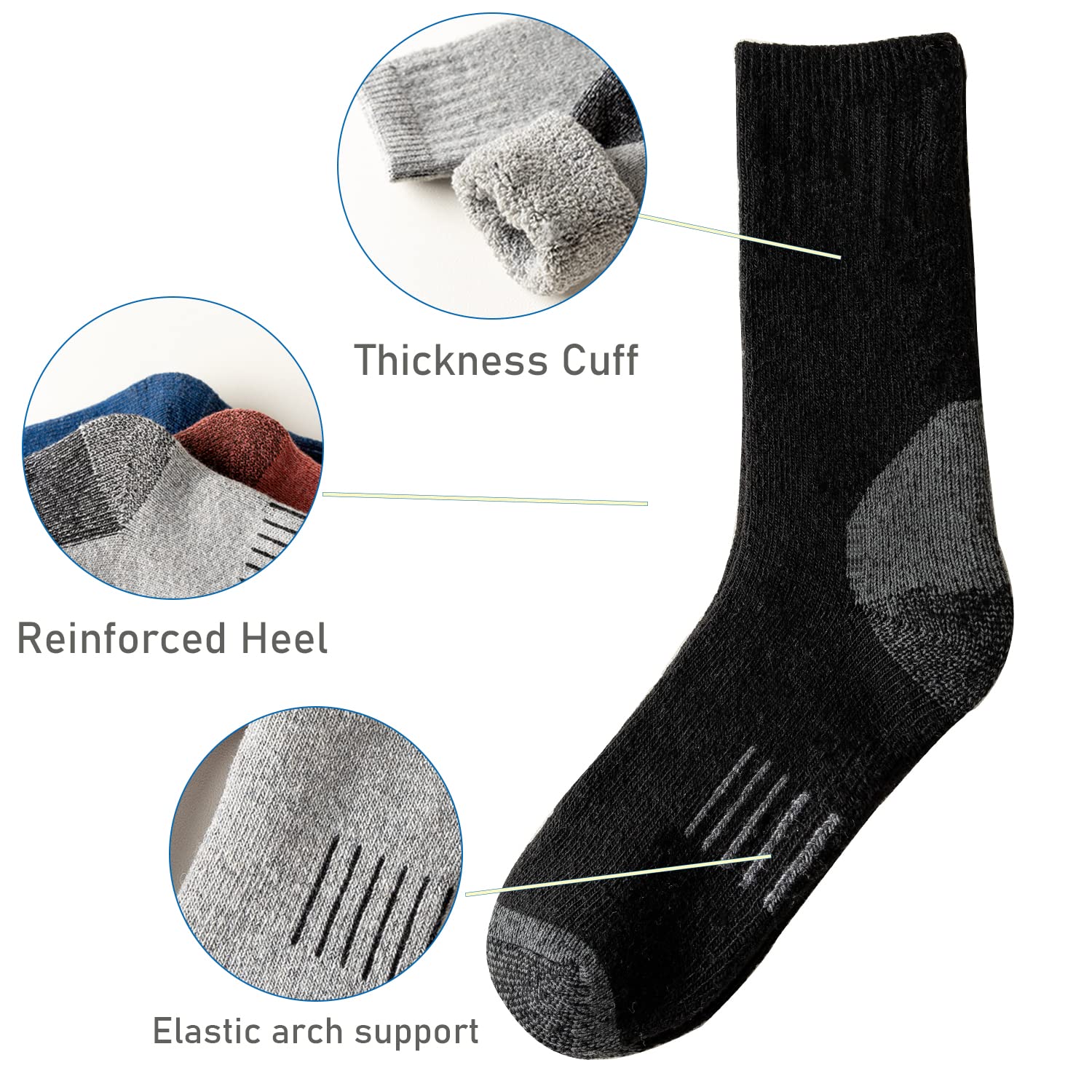 Marchare Merino Wool Socks Thermal Hiking Crew Socks With Cusioned Winter Warm Socks For Men Black/Red/Navy 3 Pack 6-10