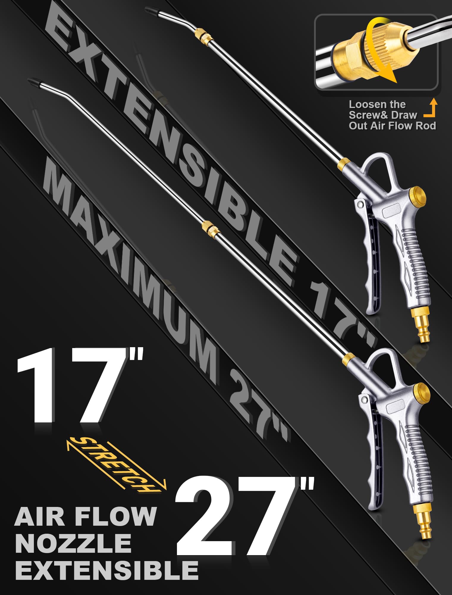 JASTIND Upgrade Air Blow Gun with Adjustable Air Blower Nozzle, Up to 27 Inches Extension with 4.9 Inches Steel Air Flow Nozzle, High Volume Pneumatic Dust Clean Tool for Air Compressor Accessory