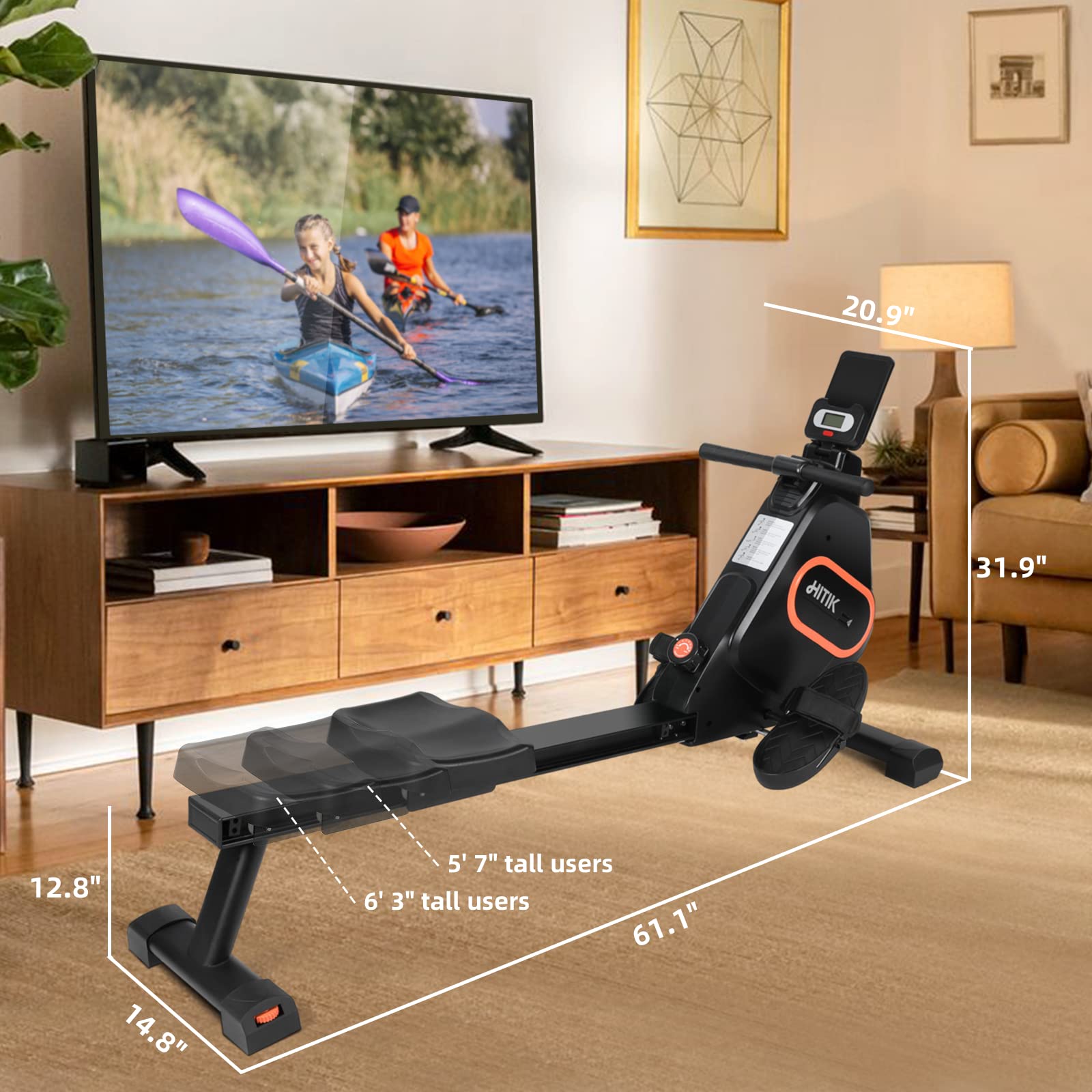 Magnetic Rowing Machine for Home Use 350LB Weight Capacity Super Quiet Ergonomic Rower Machine, 2023 Upgraded Silent Aluminum Slide Rail Row Machine Storage for Only 4.3ft²