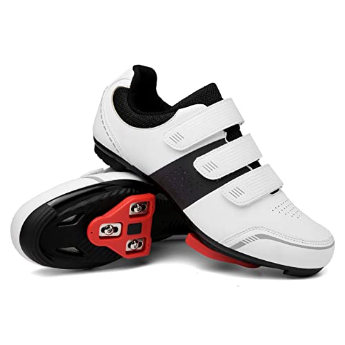 Men's Cycling Shoes Indoor Road Bike Shoes Reflective Hook-Ring Compatible Peloton with Delta Cleats,White,8.5