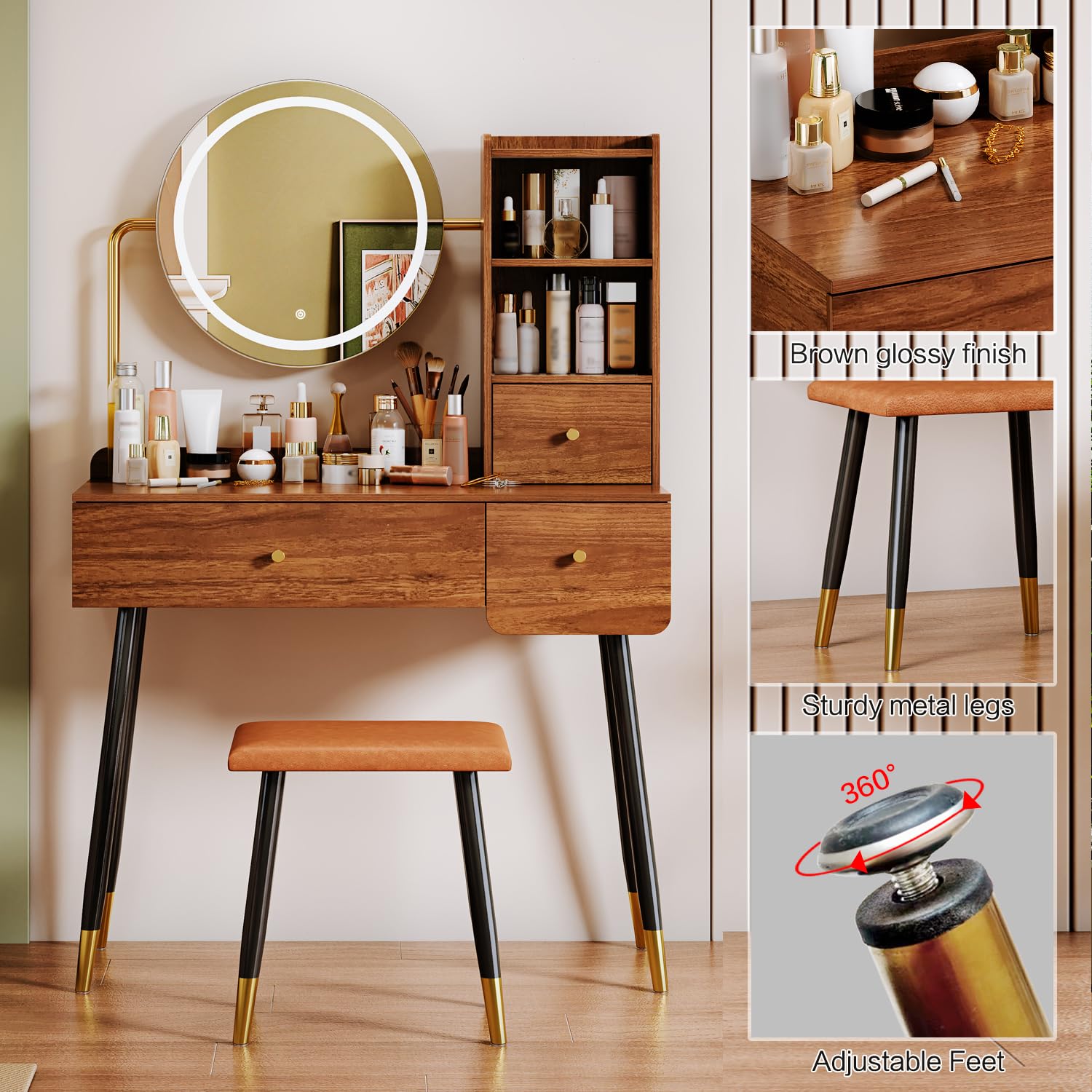 sbdmirau Vanity 35" W, Vanity Desk with Round Mirror and Lights, Brown Vanity Makeup Table with Chair, with Open Compartment and 3 Drawers, 3 Lighting Modes Gift for Girls and Women Brown Vanity