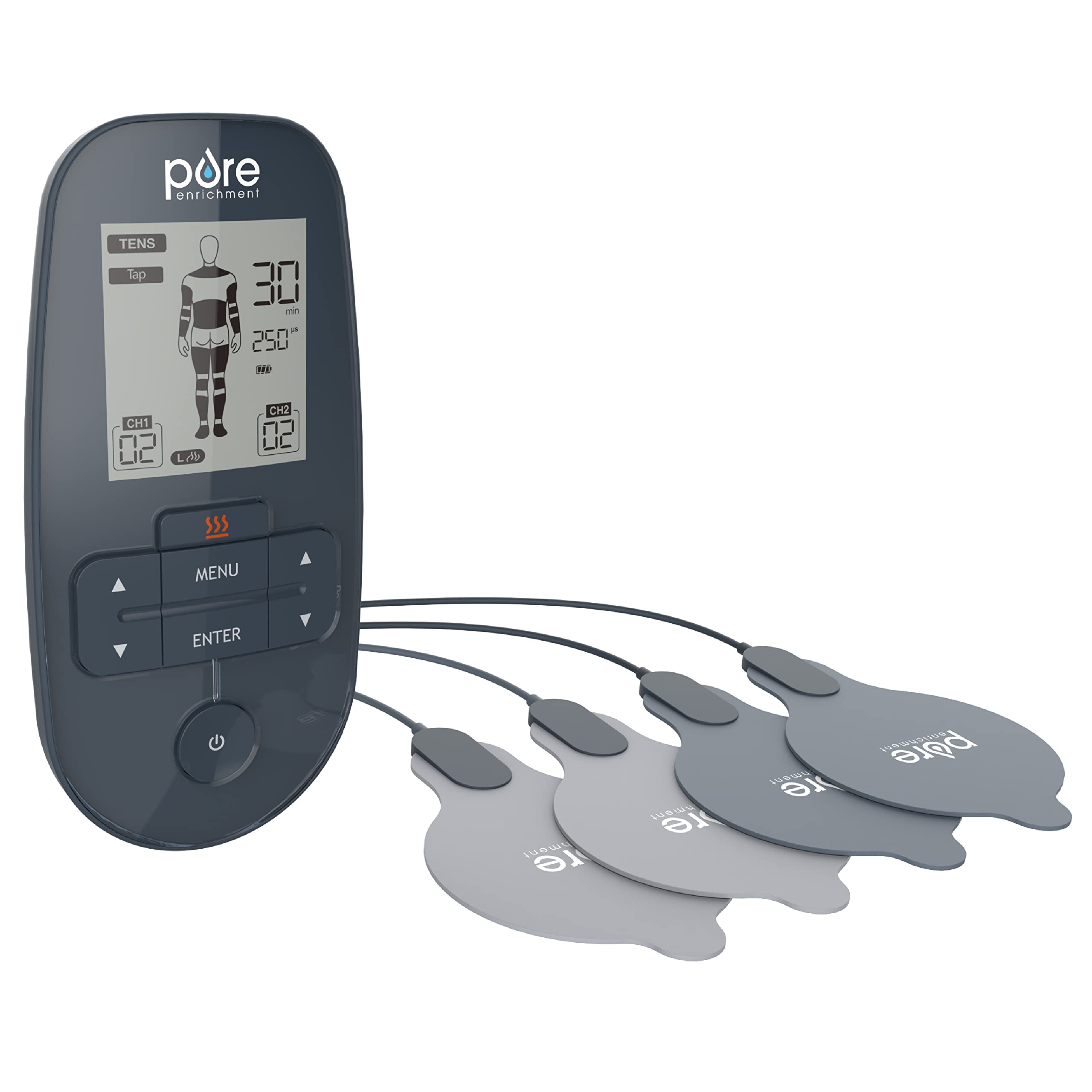 Pure Enrichment® PurePulse™ Trio TENS & EMS Muscle Stimulator + Heat - Electronic Pulse Massager with 9 TENS Modes, 7 EMS Modes, 2 Heat Settings, Advanced Relief for Back, Neck, and Shoulder Pain