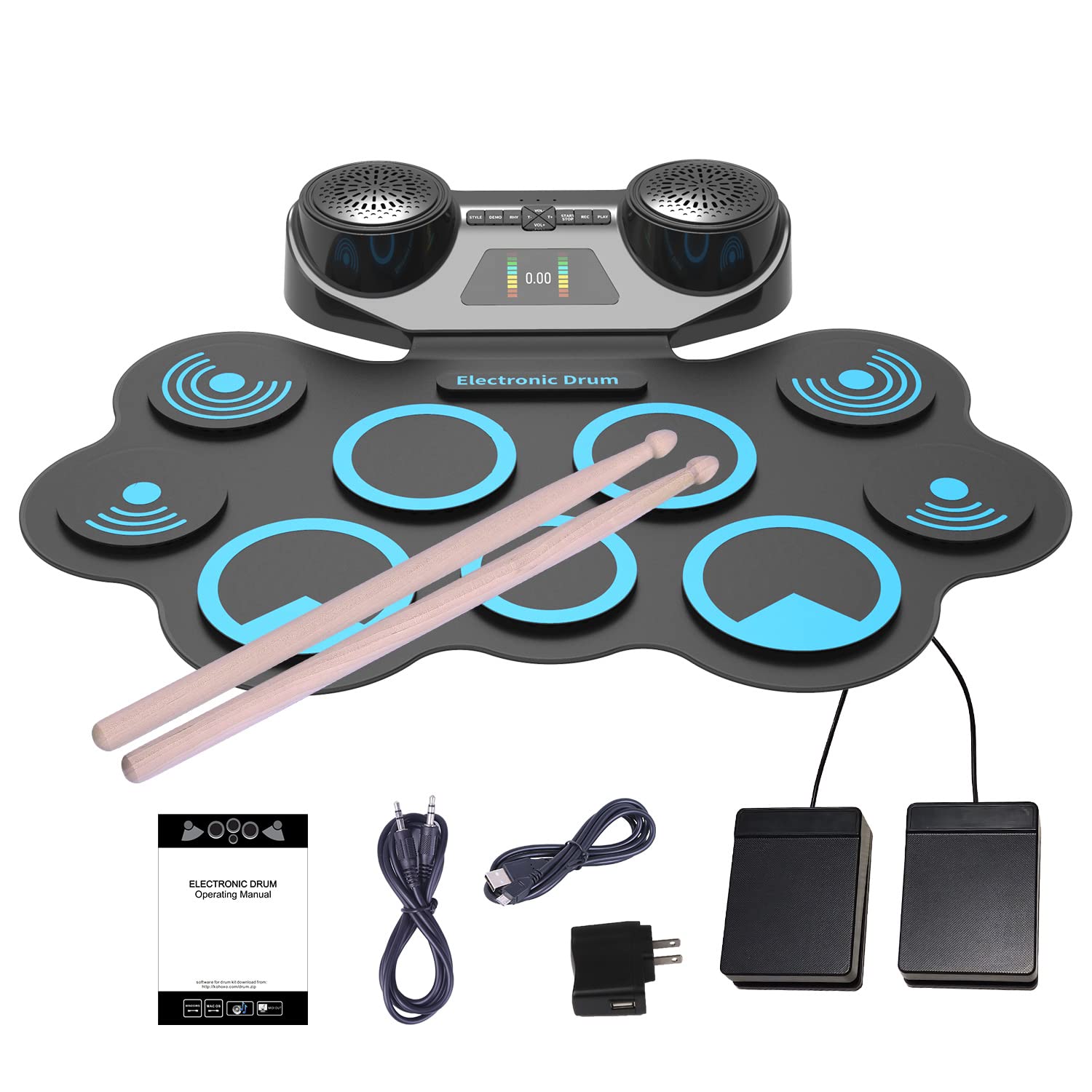 KONIX Electronic Drum Set, Large Size 9 Pads Electric Drum Set, Roll Up Beginner Drum Kit with Headphone Jack Dual Speaker, Midi Drum Pedals Sticks, Kids Birthday Christmas Gift