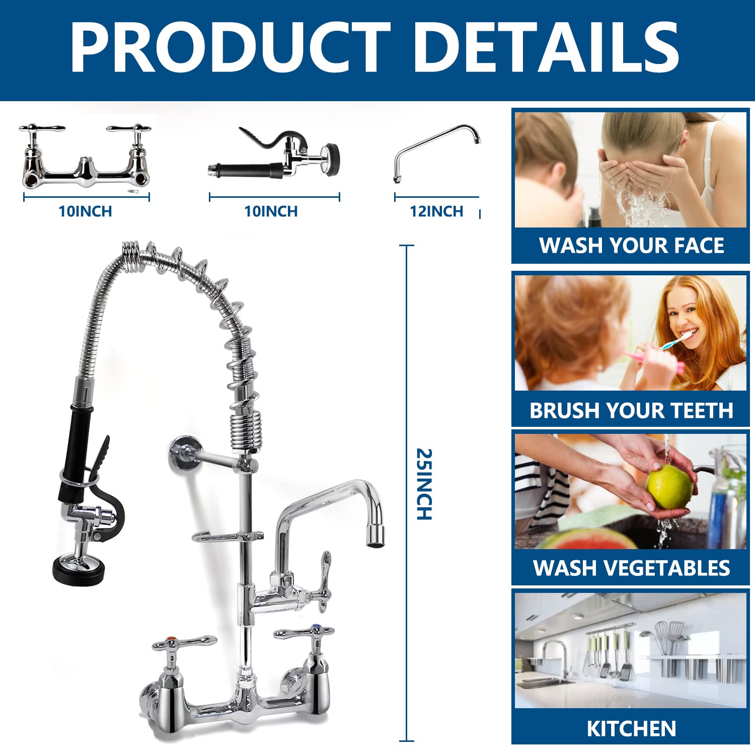 MYWHITENG Commercial Kitchen Faucet with Sprayer, 8 Inch Adjustable Wall Mounted Restaurant Faucets 12" Spout Pull-Down PreRinse Faucet 25” Height Suitable for 1, 2 or 3 Compartment Sink (Solid Brass)