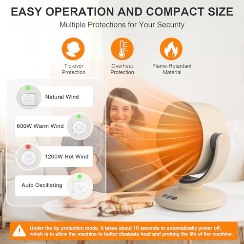loranu 2 in 1 Fan and Heater Combo for Indoor Use, Oscillating Desktop Heater & Cooler for Home Office Desk, Electric Portable Ceramic Personal Heaters Small & Quiet, Tip-over & Overheat Protection