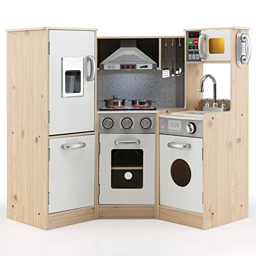 HONEY JOY Kids Wooden Kitchen Playset with Range Hood, Microwave, Sink, Utensils, Phone - With Lights & Sounds