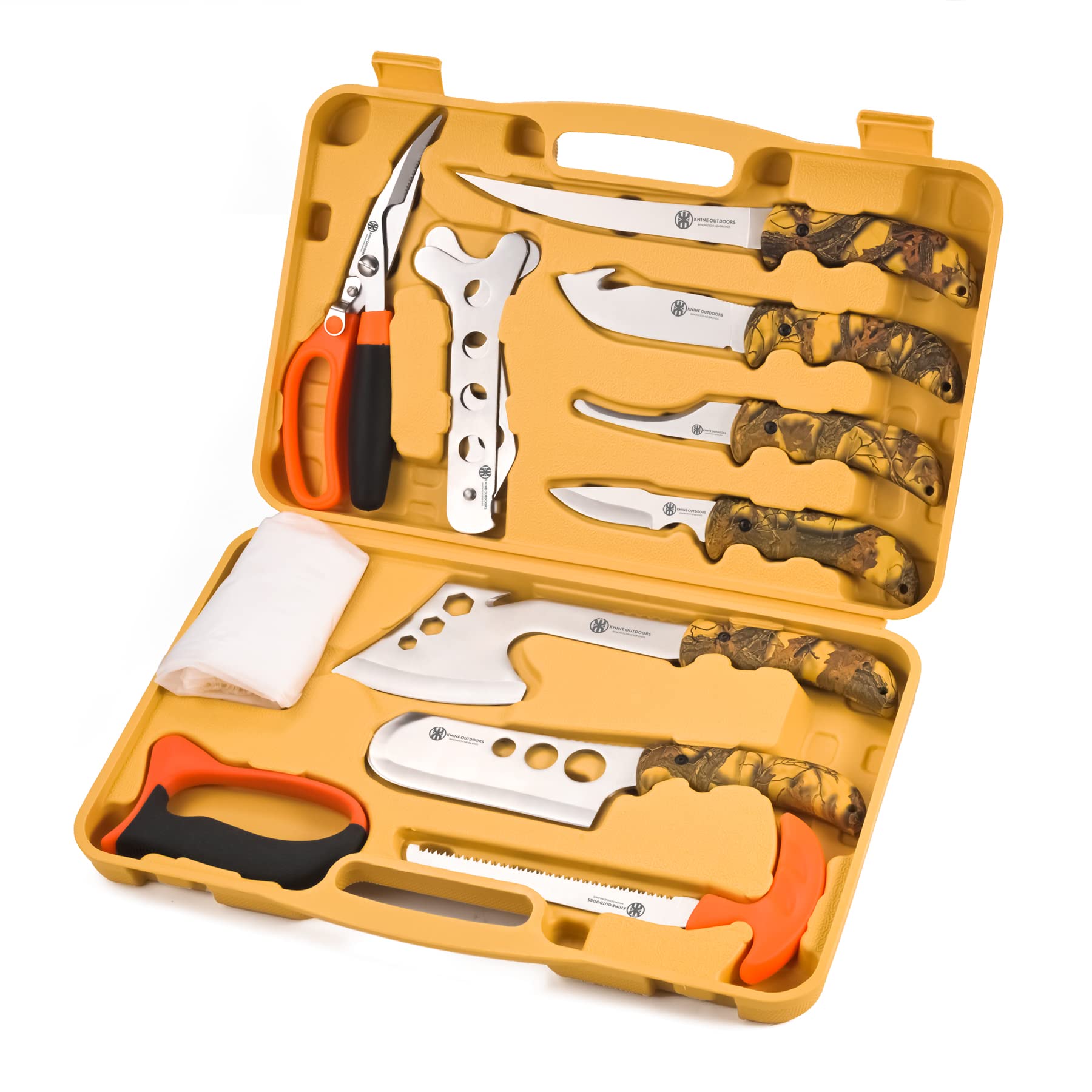 KNINE OUTDOORS 2022 Hunting Deer Knife Set Yellow Handle Field Dressing Kit Portable Butcher Game Processor Set, 12 Pieces, Yellow Green Case