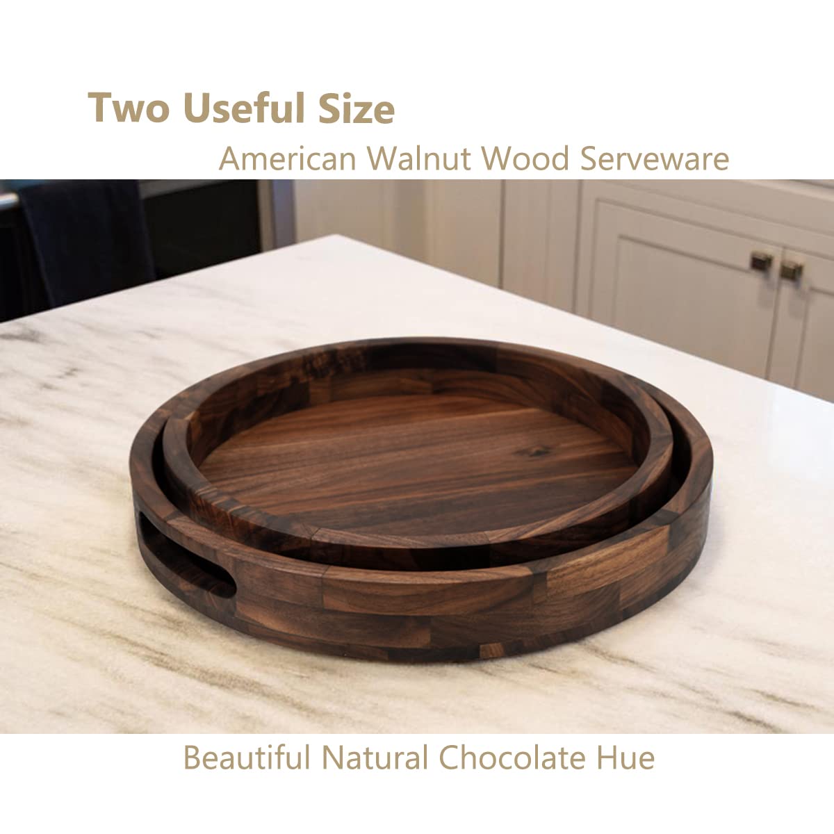 MAGIGO Set of 2 Large Round Black Walnut Wood Ottoman Tray with Handles, Serve Tea, Coffee, Classic Wooden Circular Decorative Serving Tray, 14 &12 inches
