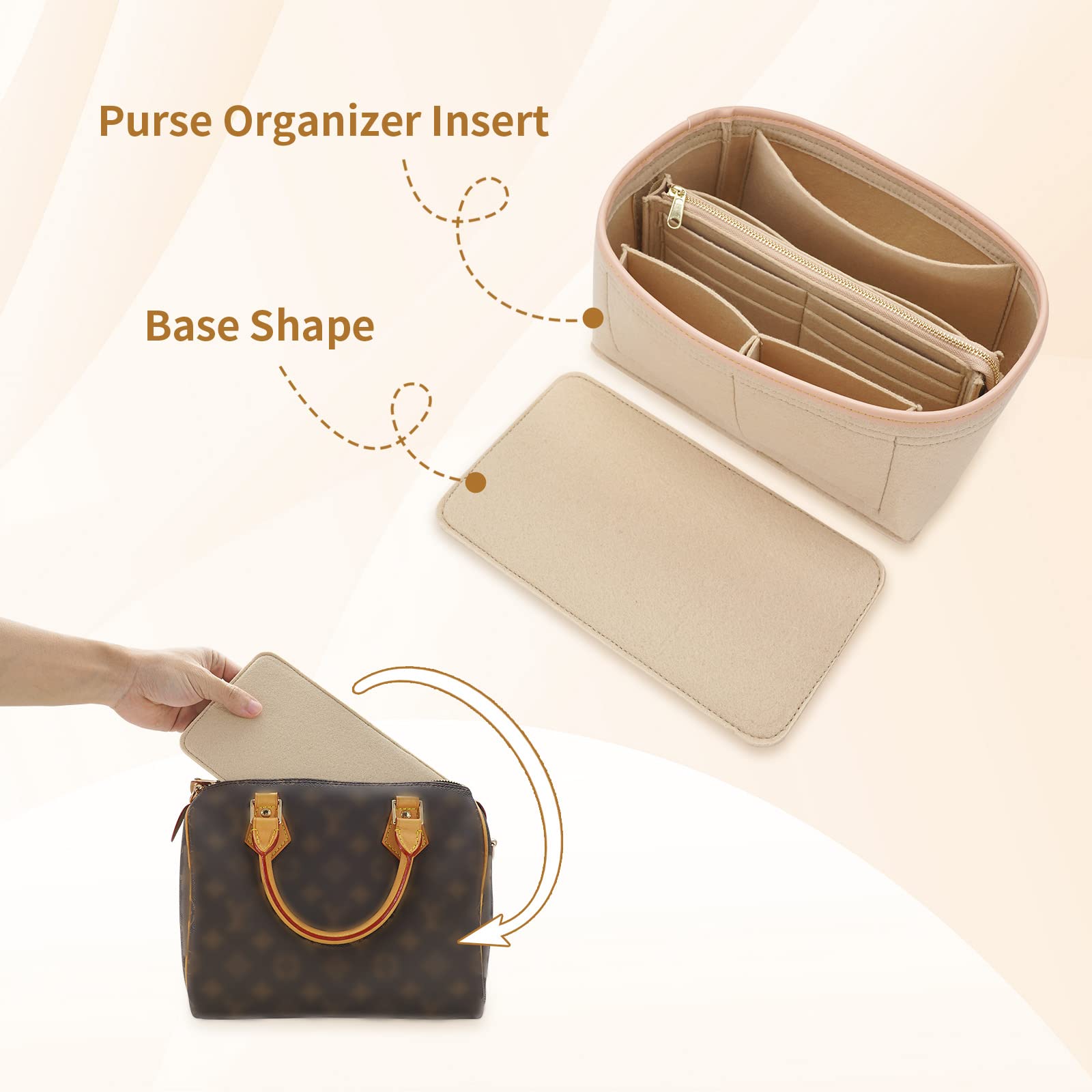 LOUKAYCCI Purse Organizer & Base Shaper Fit Speedy 25 & Neverfull PM, Goyards, MK,Longchamps More,Felt Bag Organizer Insert for Handbags with Metal Zipper [Bag in Bag] (Medium, Beige)