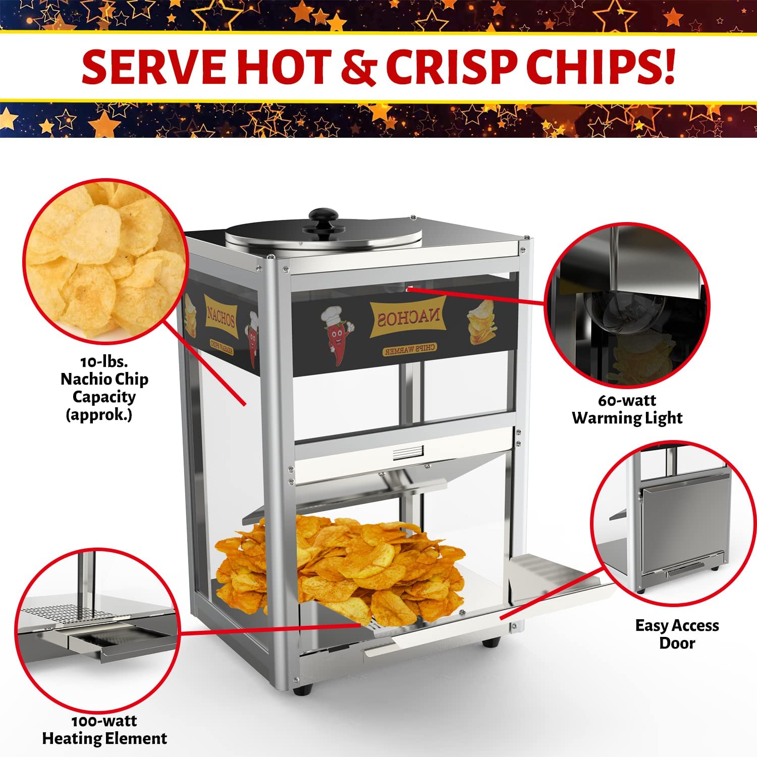 PYY Nacho Warmer Commercial Nacho Machine with Cheese Warmer Chip Warmer Nacho Station Display Stainless Steel Frames with 3 Styles Banner Stickers
