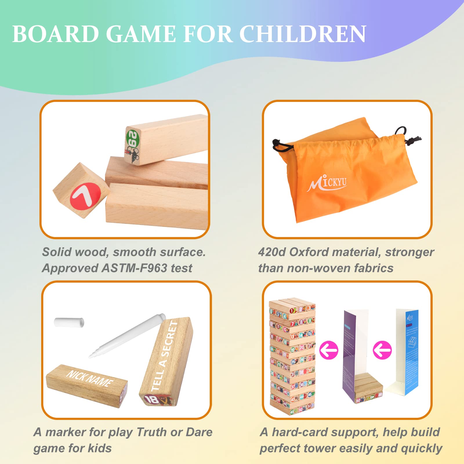 MICKYU 51 Pcs Wooden Blocks Stacking Tumbling Tower Game Kids Learning Math Toys with Dices, Mallet, Number Blocks, Cards, Tray, and Storage Bag